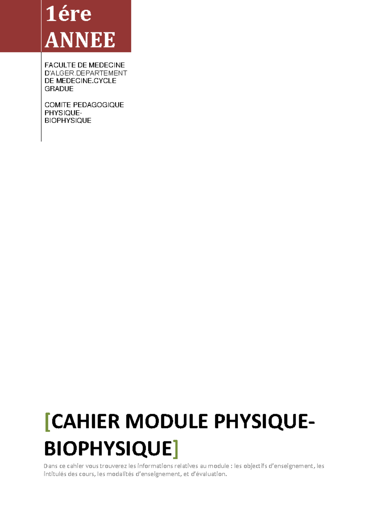 Cahier Module Physique-Biophysique 1ère Année - Faculté de Médecine ...