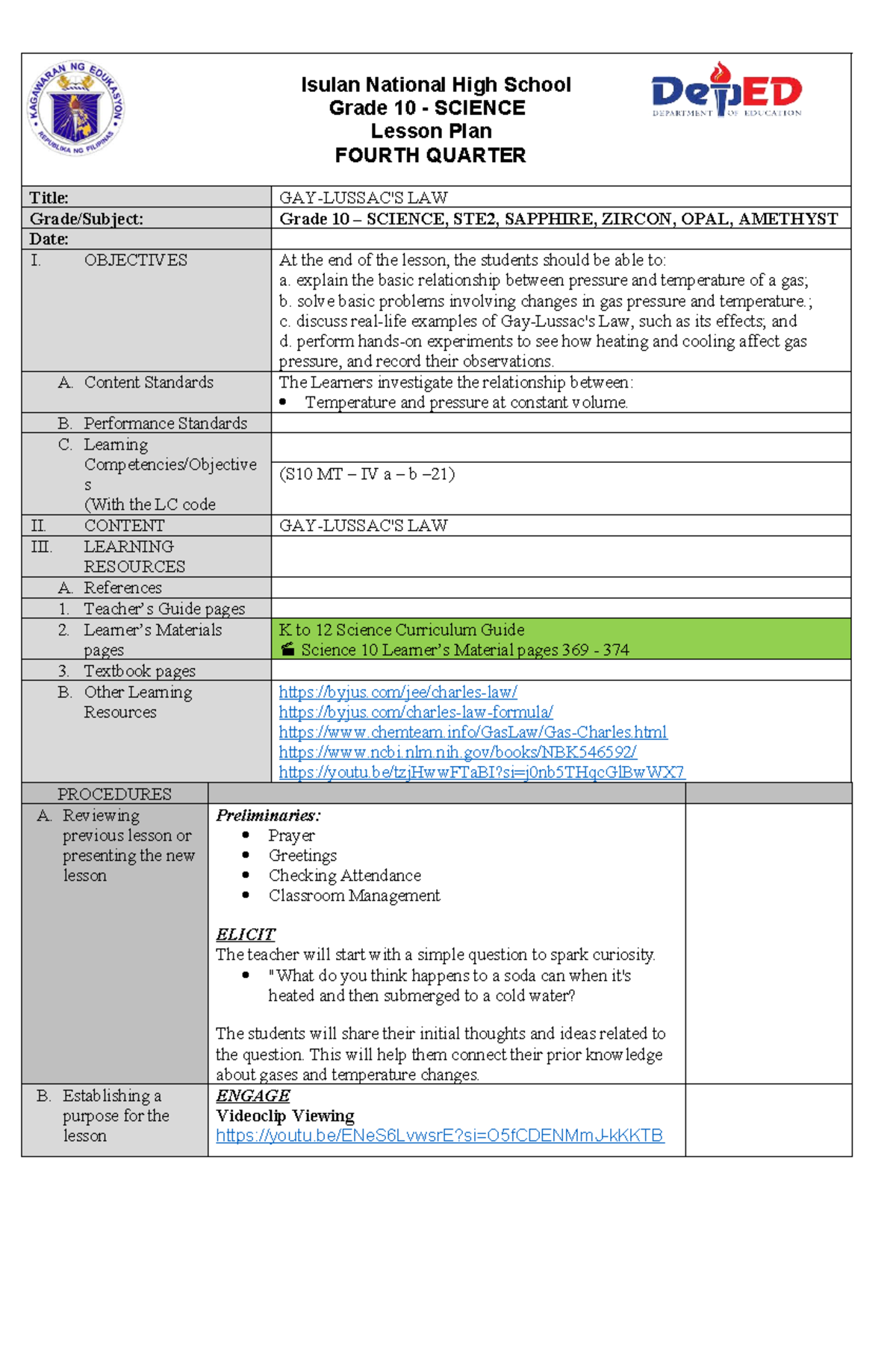 Grade 10 SCIENCE Lesson Plan: Gay-Lussac's Law (STE2, SAPPHIRE) - Studocu