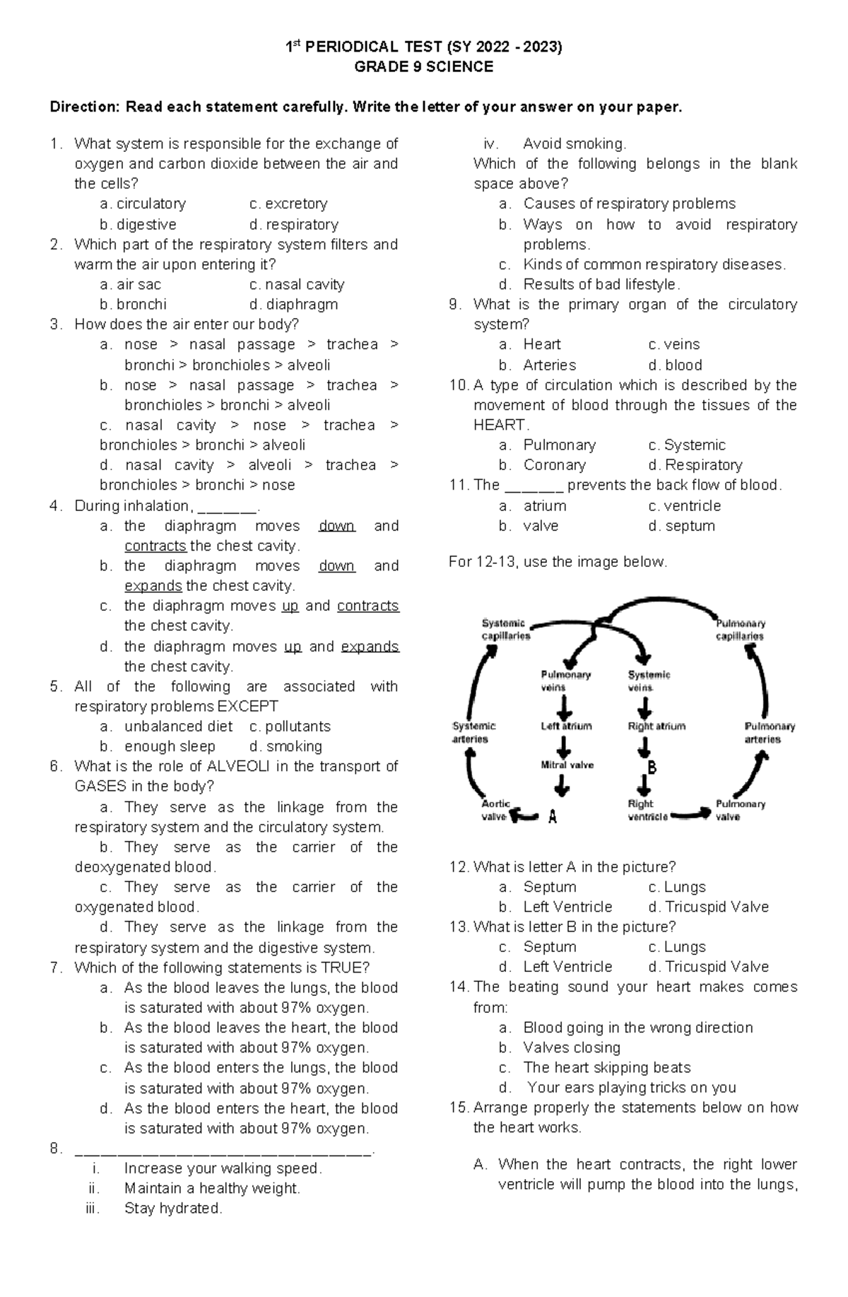 Grade 9 Science 1st Periodical Test (SY 2022-2023) - Studocu