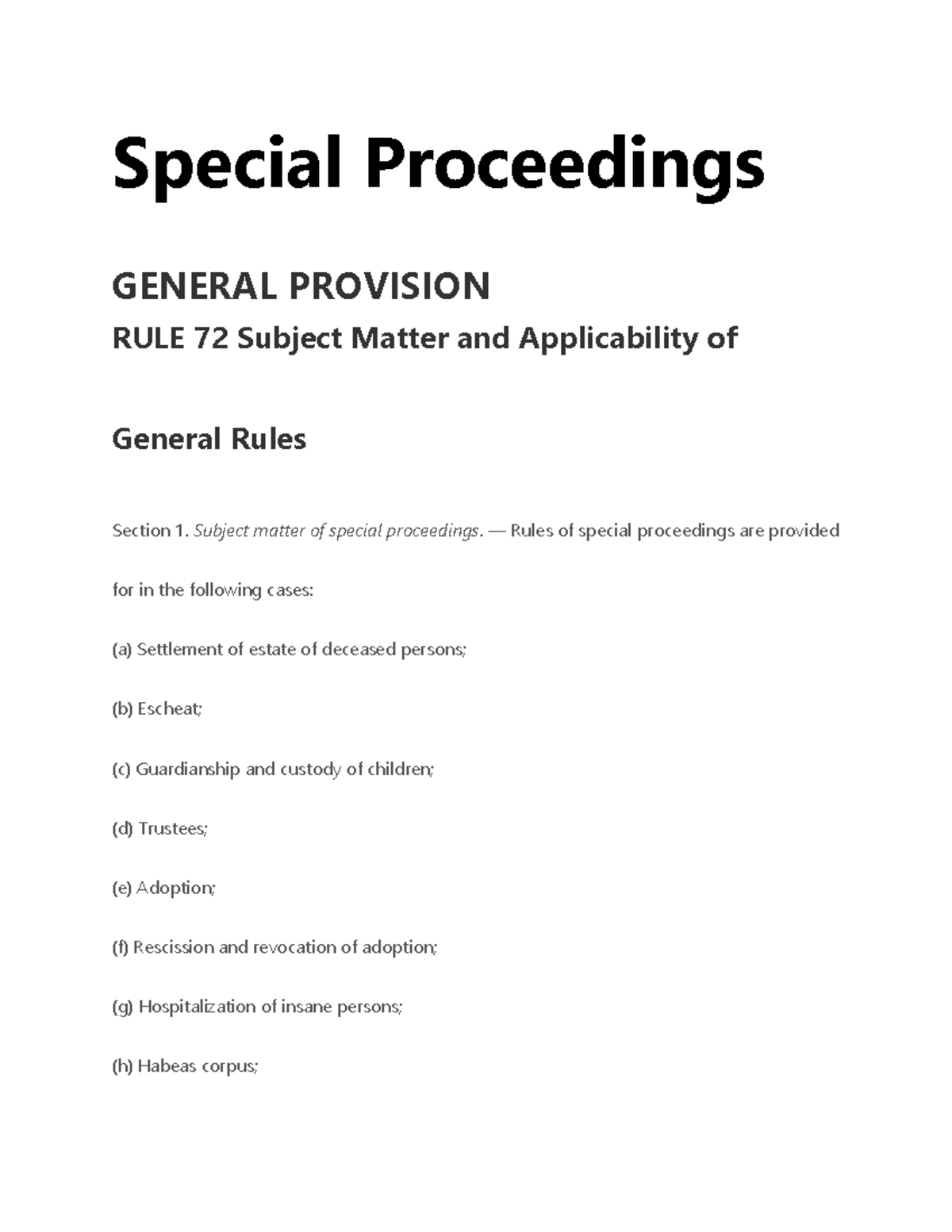 Special Proceedings - Special Proceedings GENERAL PROVISION RULE 72 ...