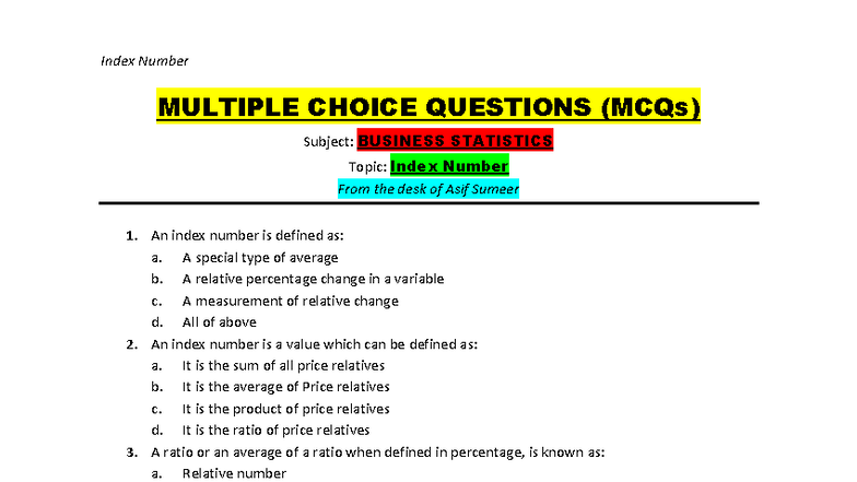 MCQ-Index Number - MULTIPLE CHOICE QUESTIONS (MCQs) Subject: BUSINESS ...