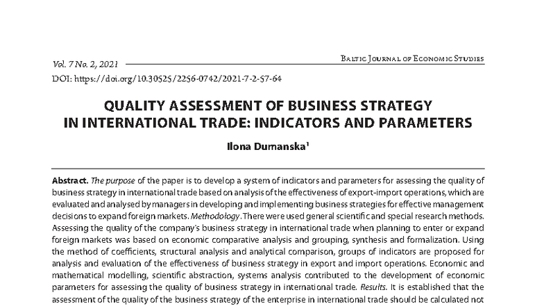 Quality Assessment of Business Strategy in International Trade ...