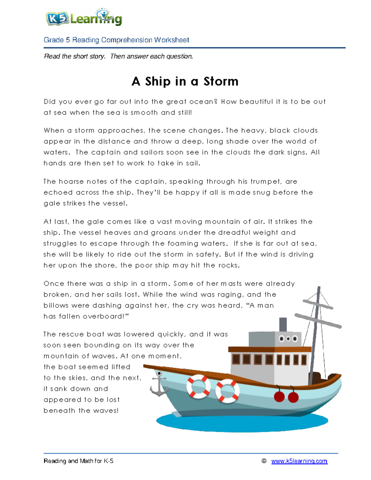 5th grade 5 reading a ship in the storm - Read the short story. Then ...