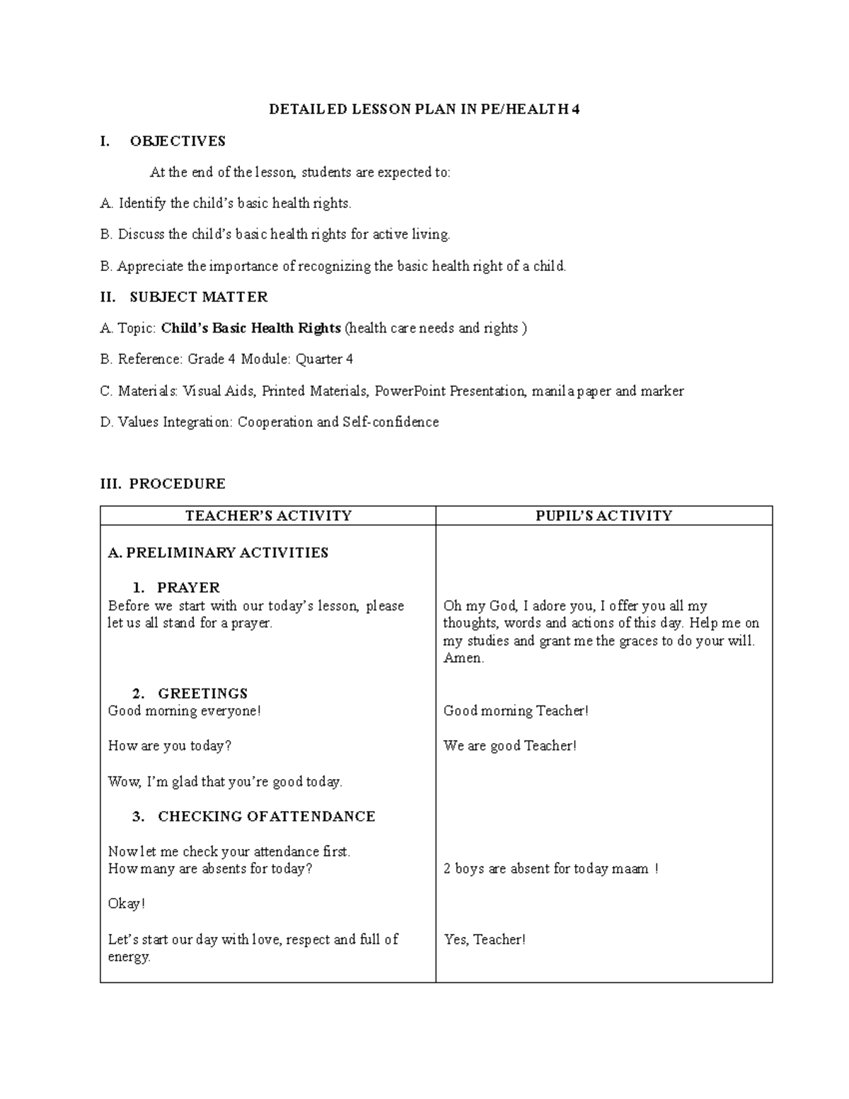 Grade 4 Lesson Plan: Understanding Basic Health Rights - Studocu