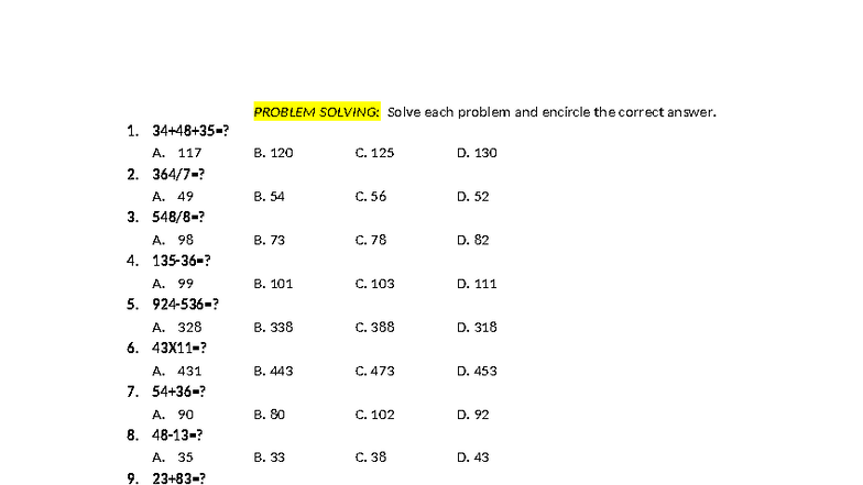 BASIC MATH PROBLEMS: Solve & Encircle Correct Answers - Studocu