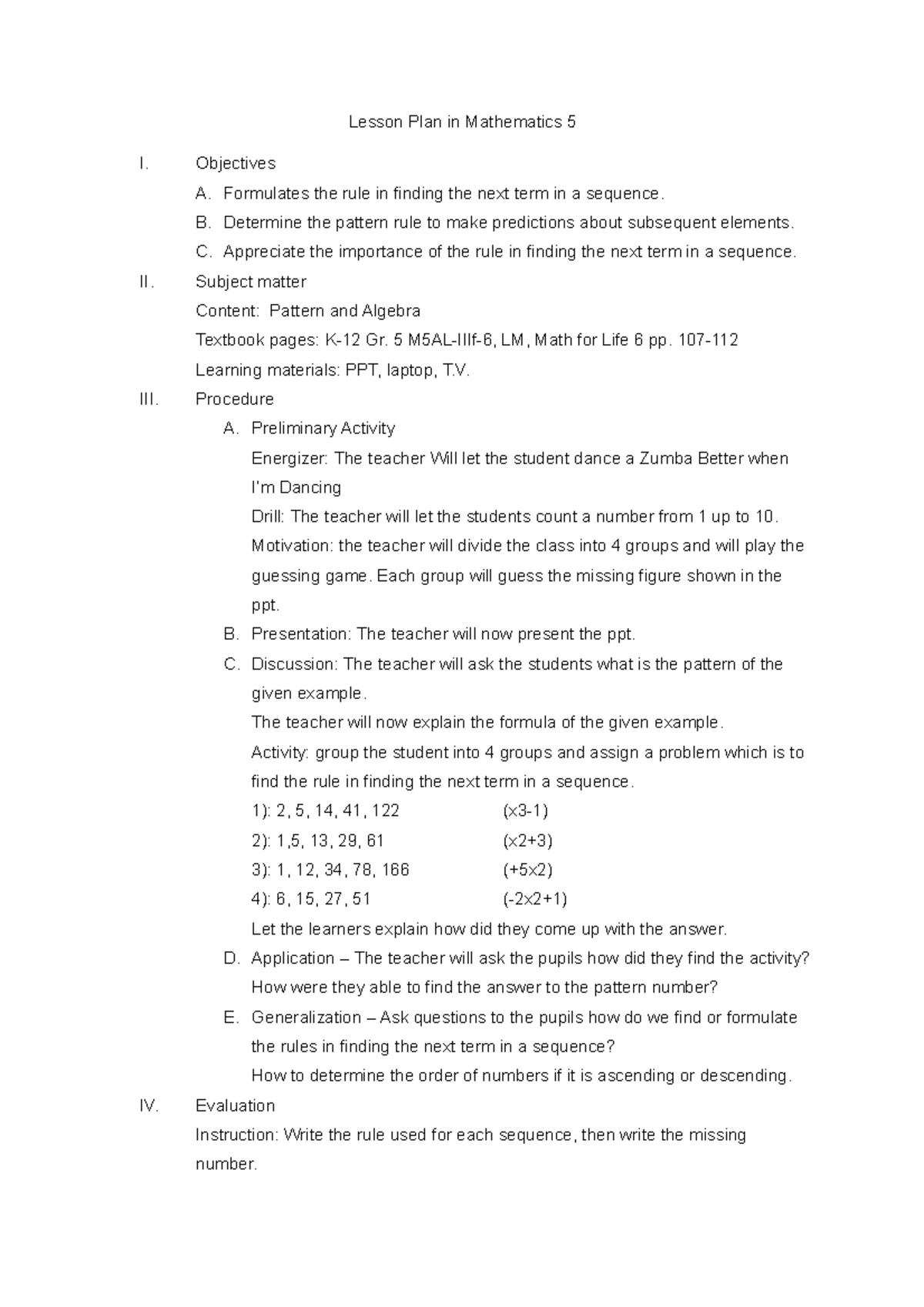 Mathematics Lesson Plan 5: Patterns & Sequences (Day 3) - Studocu