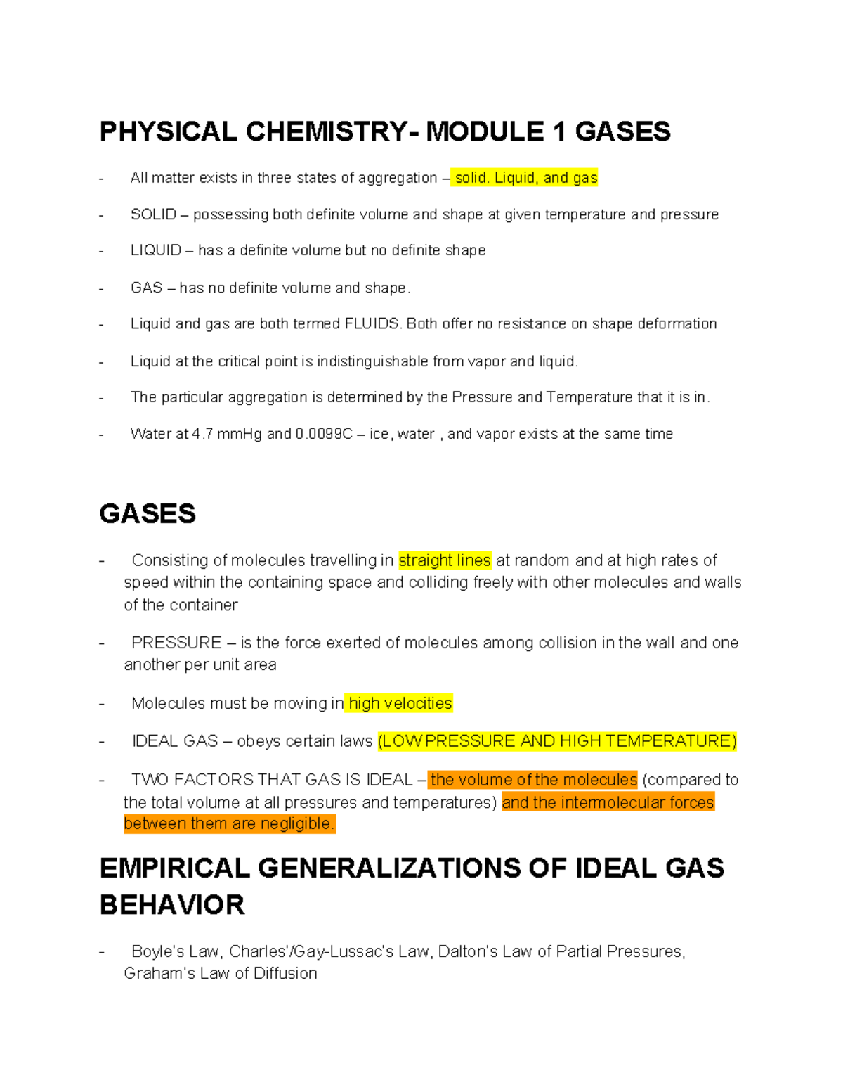 Physical Chemistry- Module 1 Gases (concepts reviewer) - PHYSICAL ...