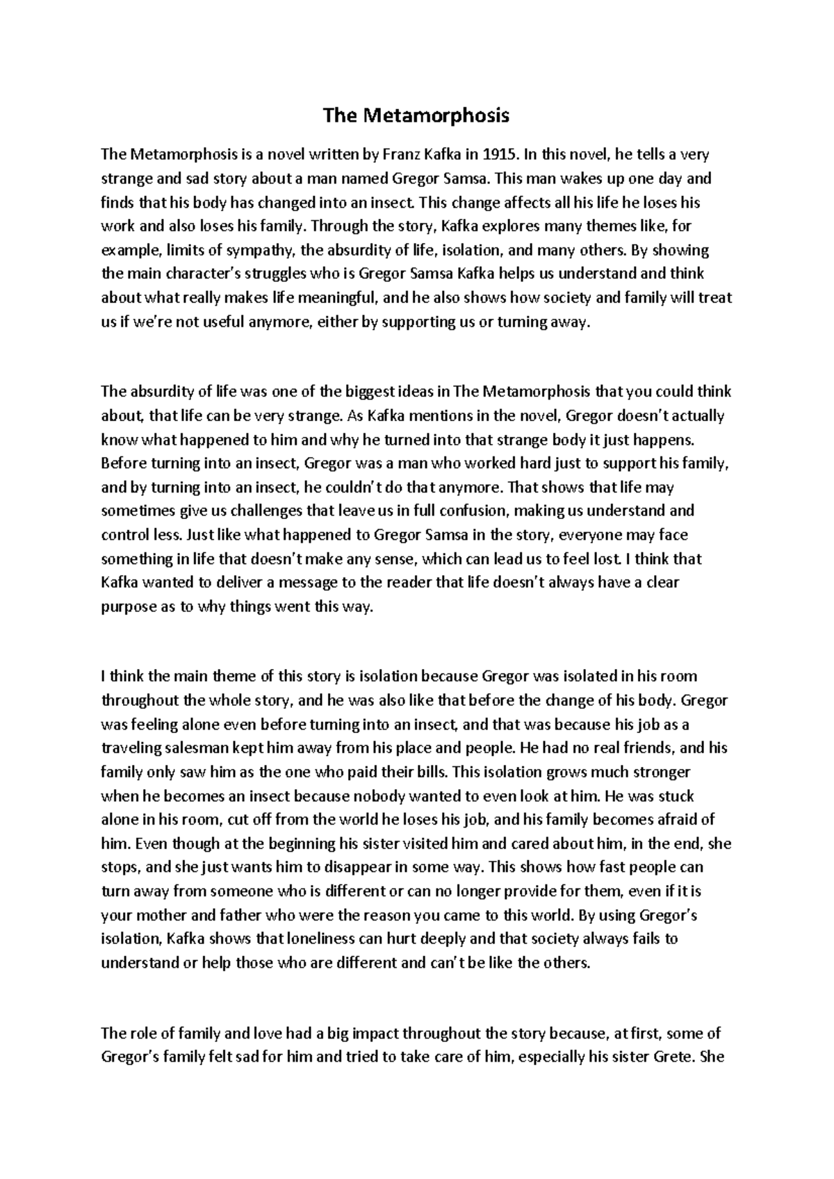 The Metamorphosis (ENG 101) - Analyzing Isolation and Absurdity - Studocu