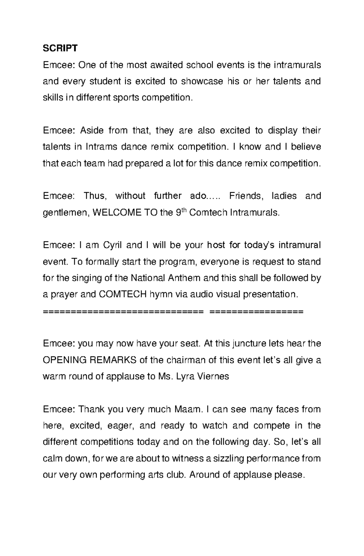 COMTECH 9th Intramurals: Emcee Script and Event Highlights - Studocu
