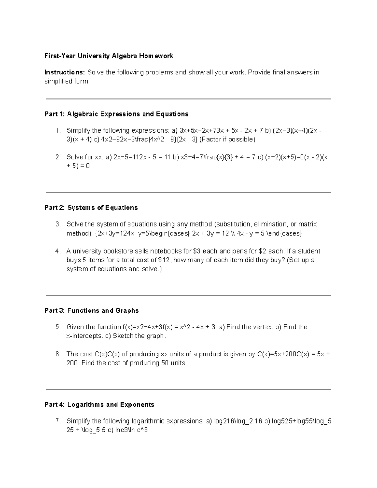 SC MATH - Practice Algebra Questions - First-Year University Algebra ...