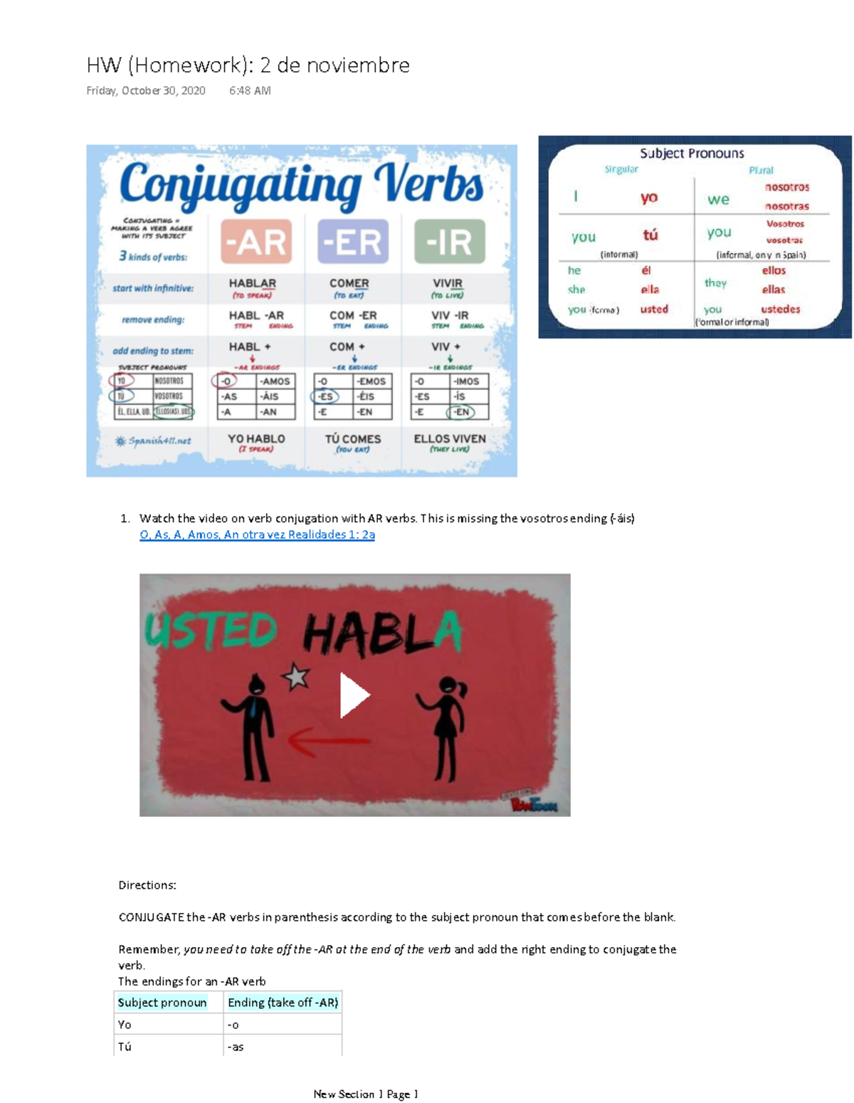 HW (Homework): Verb Conjugation with AR Verbs - Nov 2 - Studocu