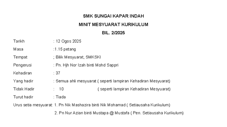 Minit Mesyuarat Kurikulum BIL 2 - SMK Sungai Kapar Indah - Studocu