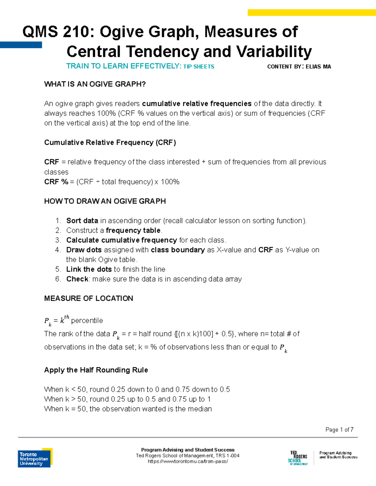 QMS 210: Ogive Graph & Measures of Central Tendency Guide - Studocu