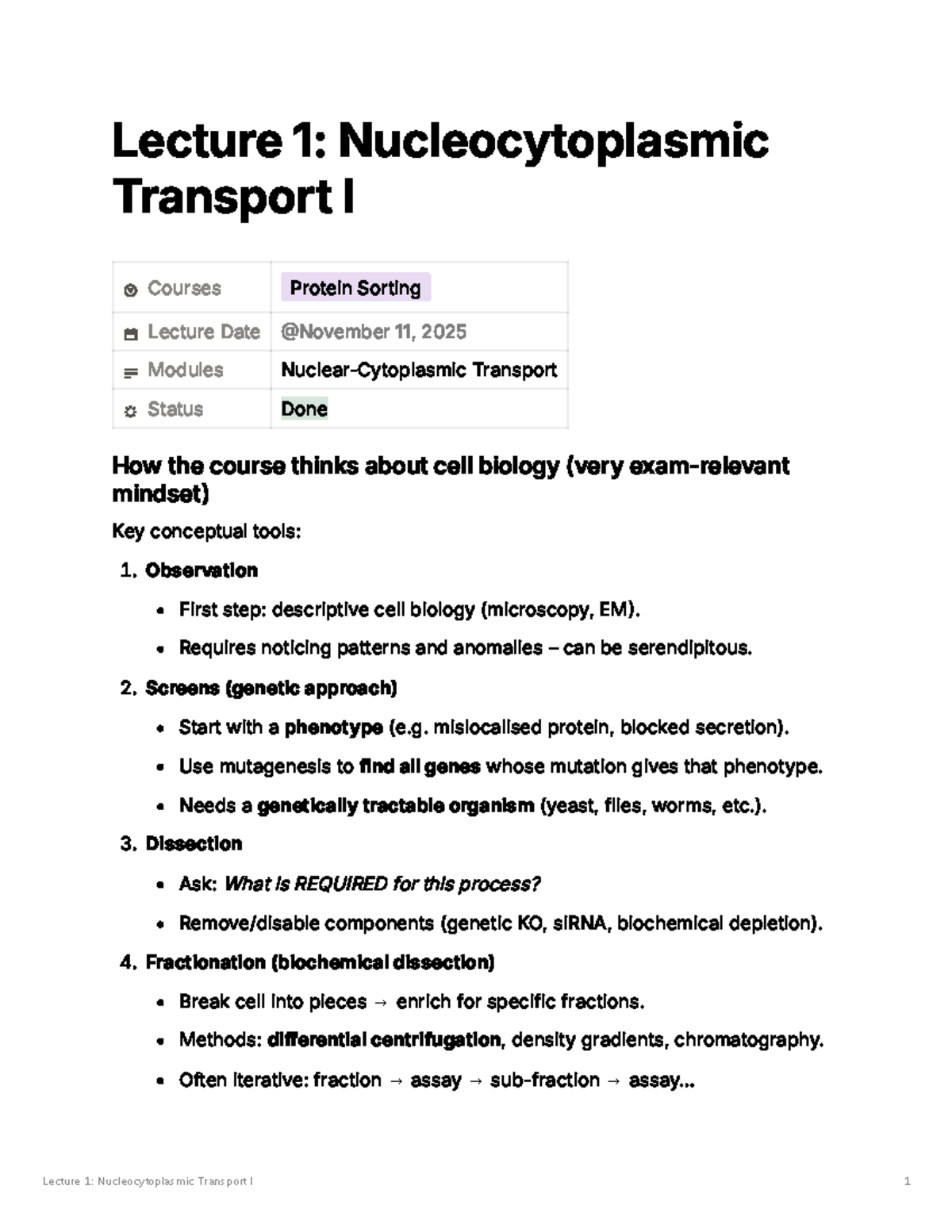 Lecture 1: Nucleocytoplasmic Transport I - Key Concepts & Methods - Studocu