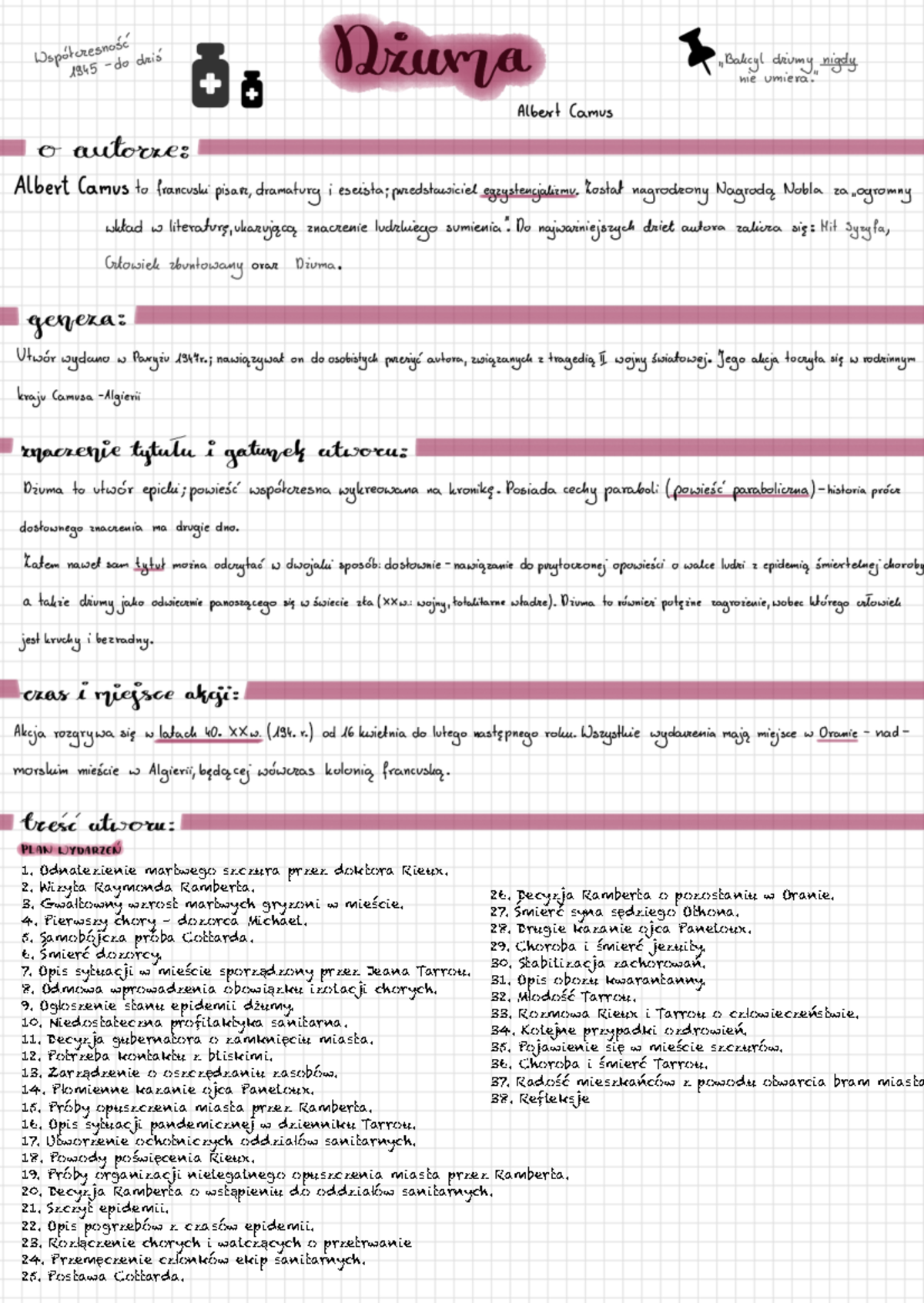 Dżuma - Notatki z Lekcji i Kluczowe Wydarzenia - Studocu