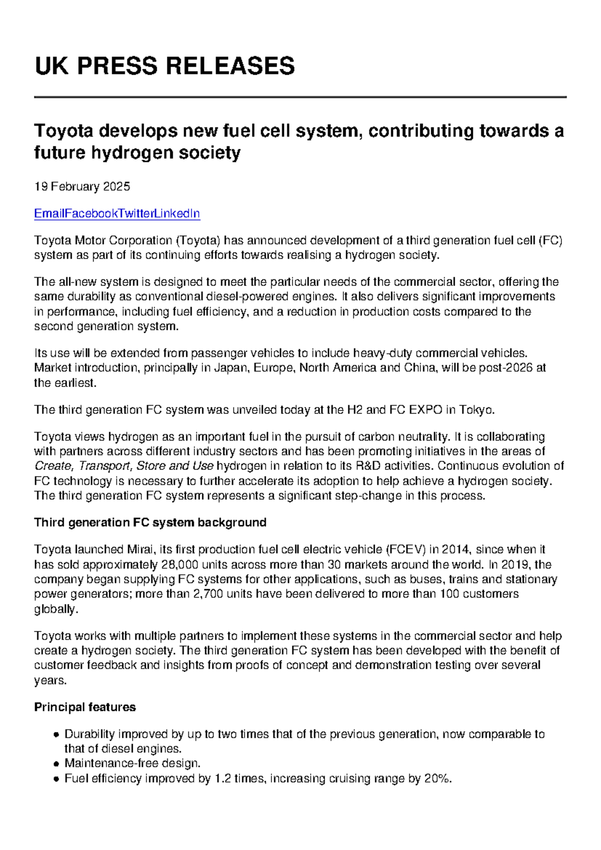 UK PRESS RELEASE: Toyota Unveils 3rd Gen Fuel Cell System for Hydrogen ...