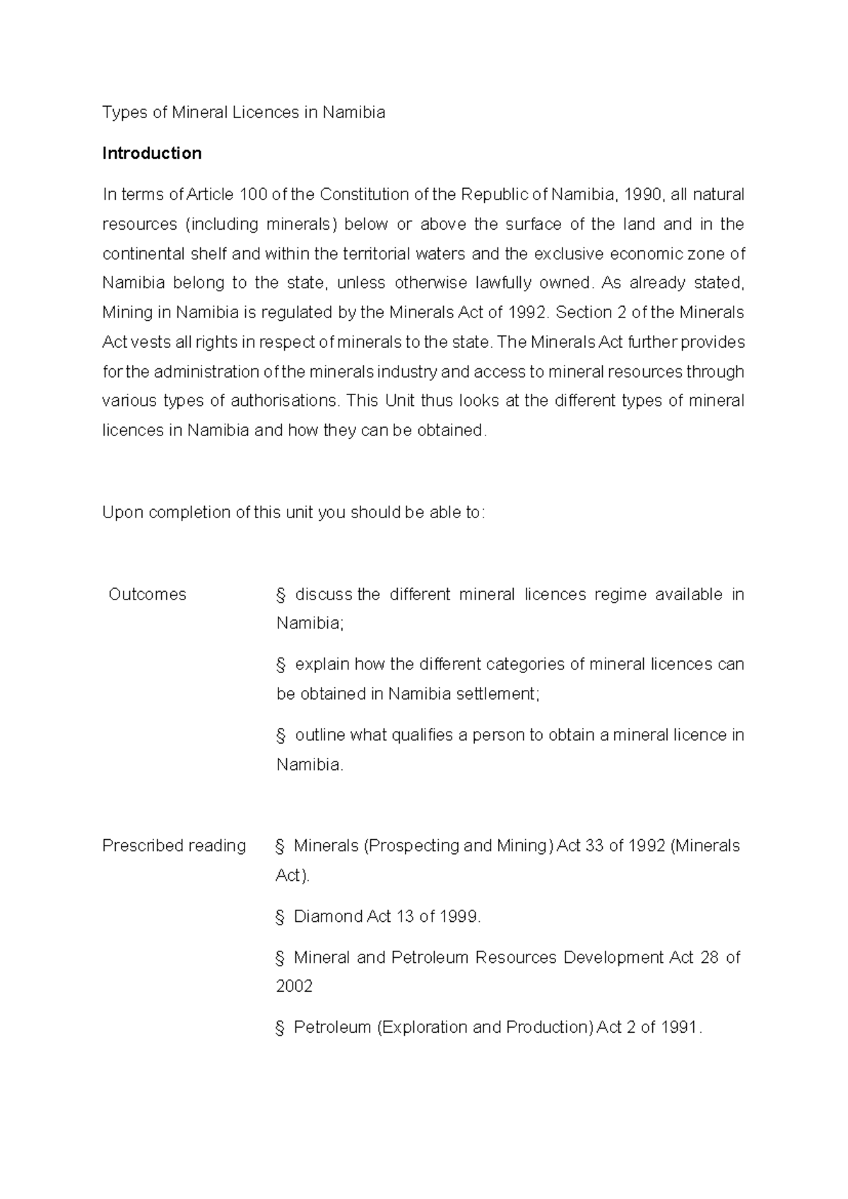 Types of Mineral Licences in Namibia: Overview and Regulations - Studocu