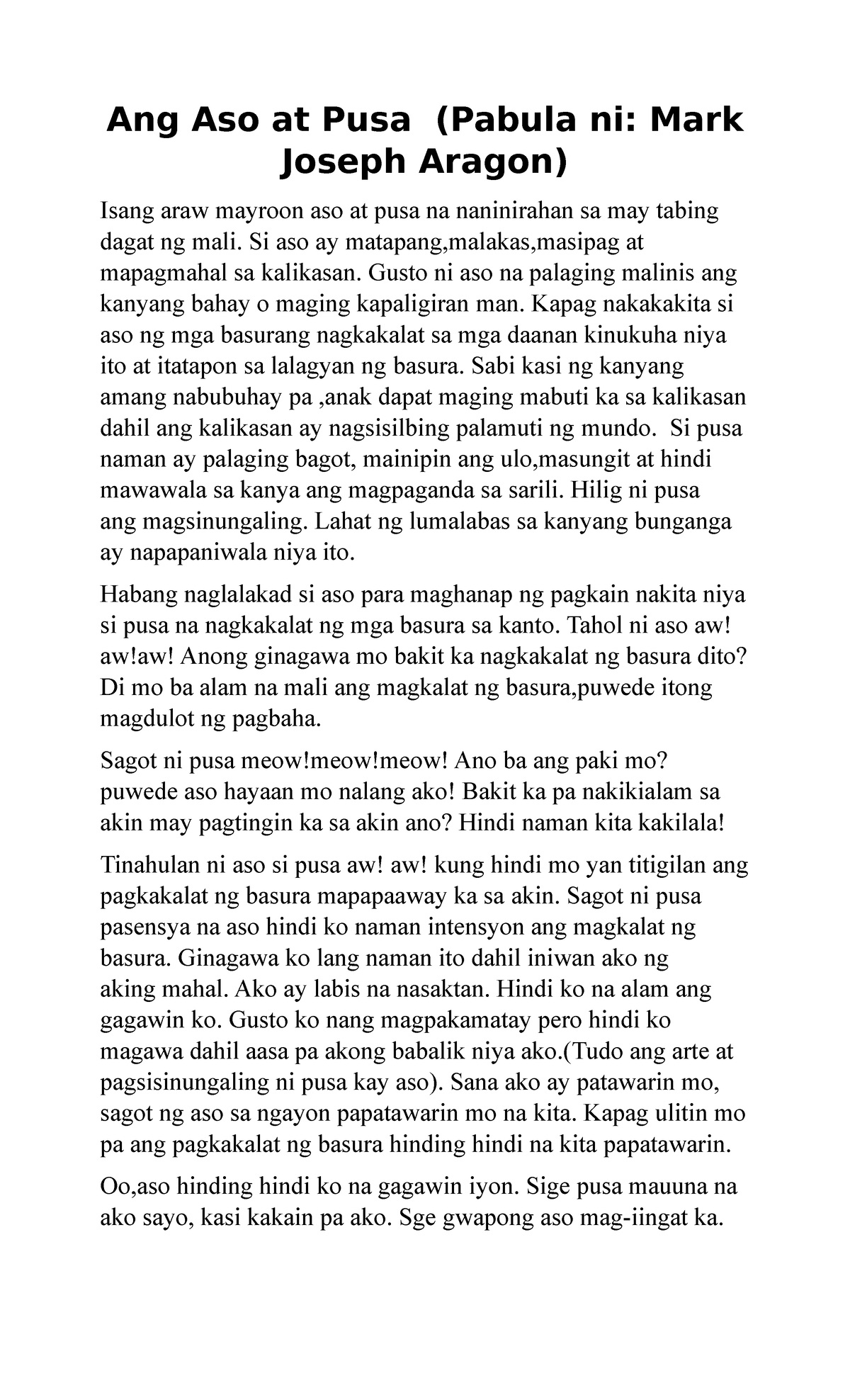 Ang Aso at Pusa: Kwento ng Kalikasan at Kaibigan (Pabula) - Studocu