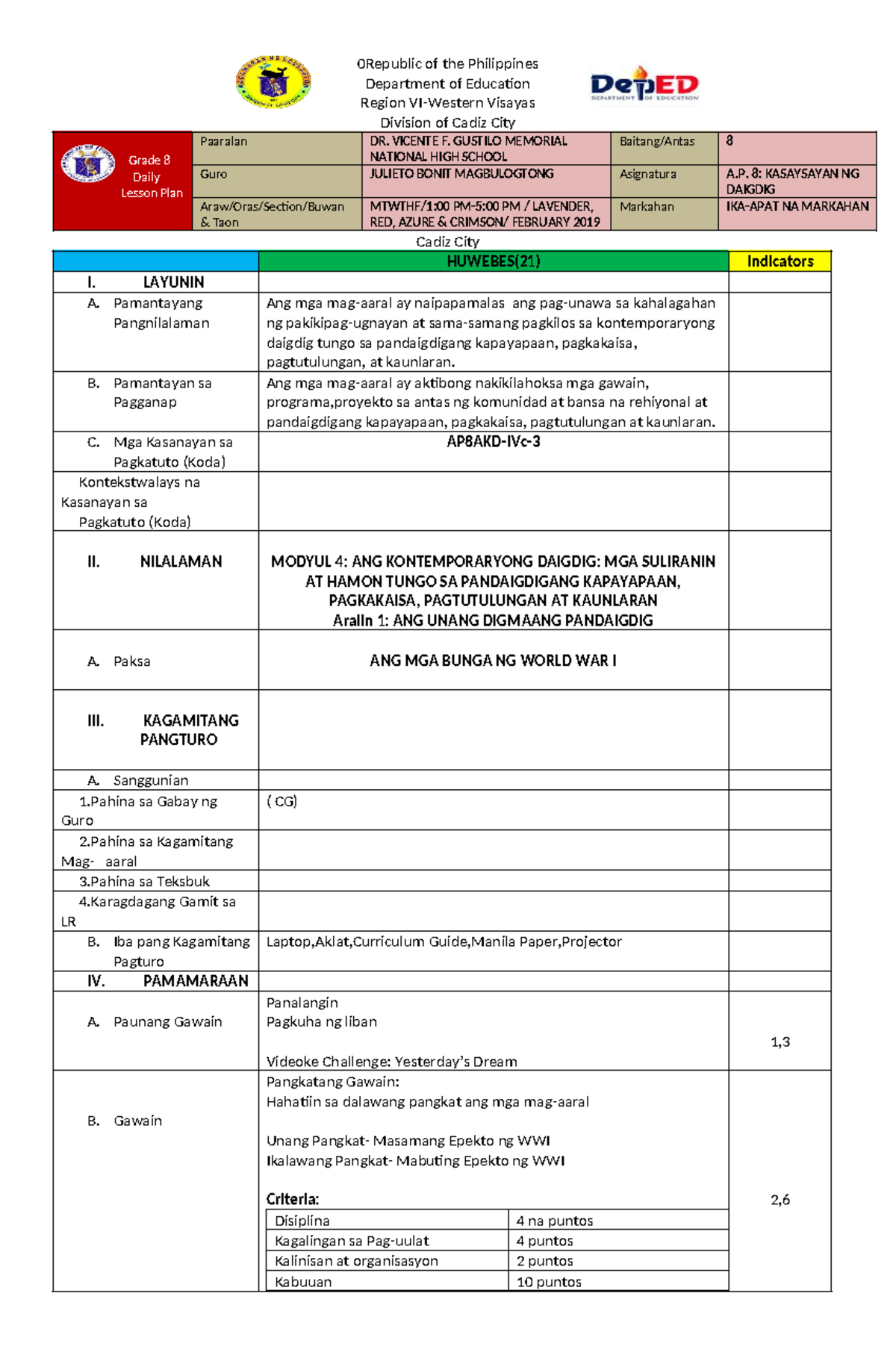 A.P. 8: Daily Lesson Plan on World War I - February 2019 - Studocu