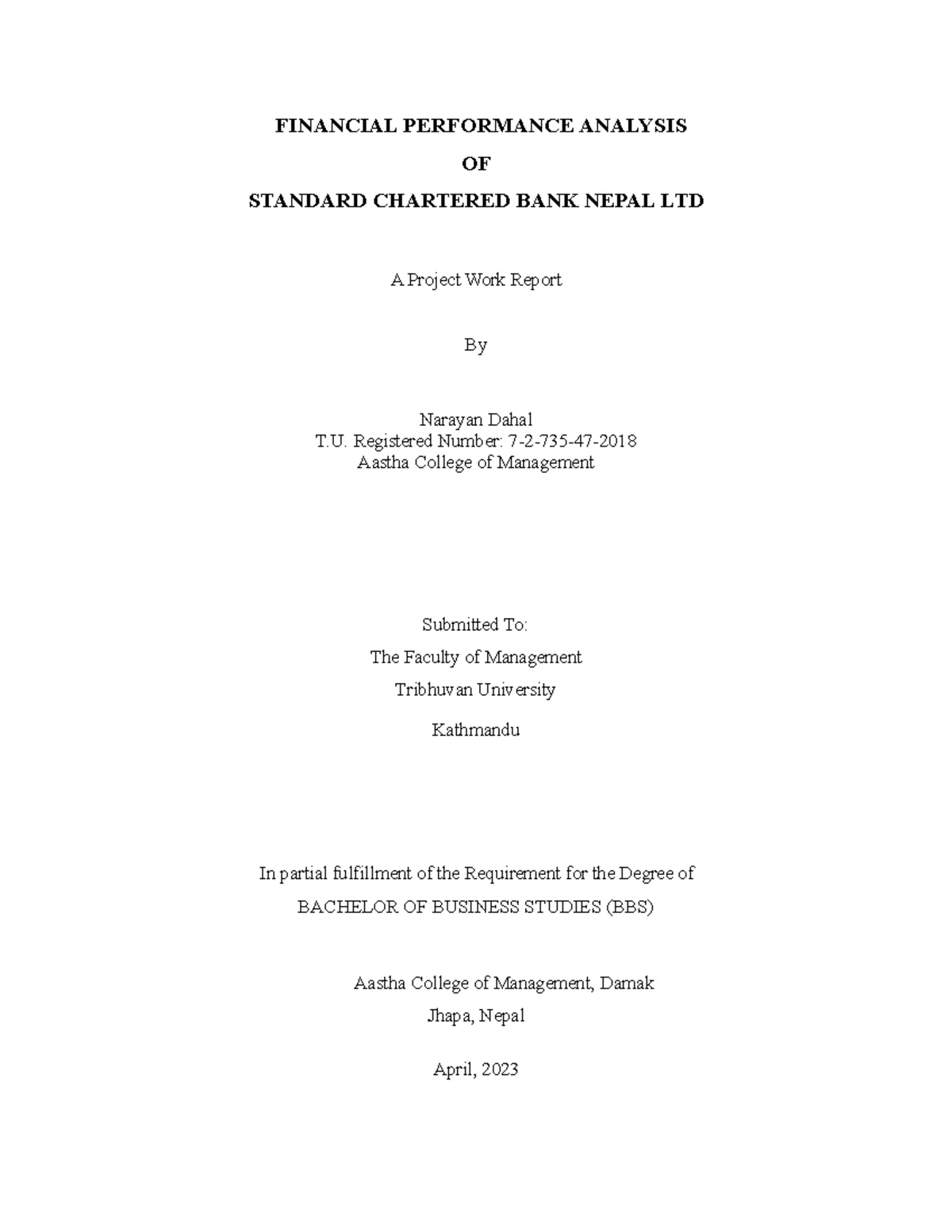 Report writing of BBS 4th year on - FINANCIAL PERFORMANCE ANALYSIS OF ...