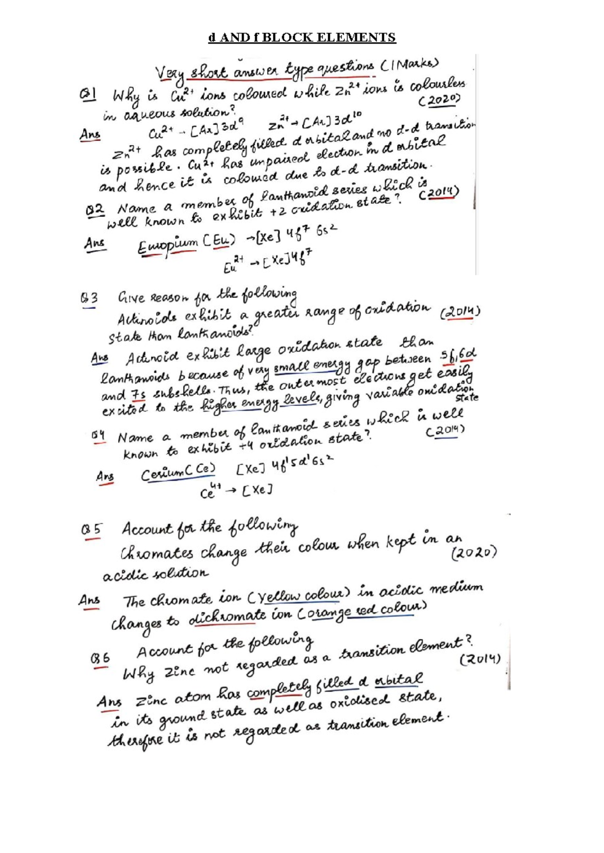d and f Block Elements: Very Short Answer Questions (PYQ 2013-2023 ...