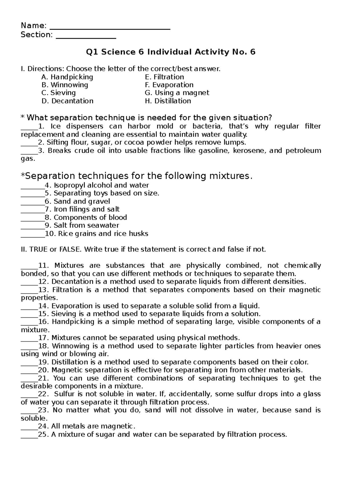 Mixture Activity: Separation Techniques for Science 6 Q1 - Studocu