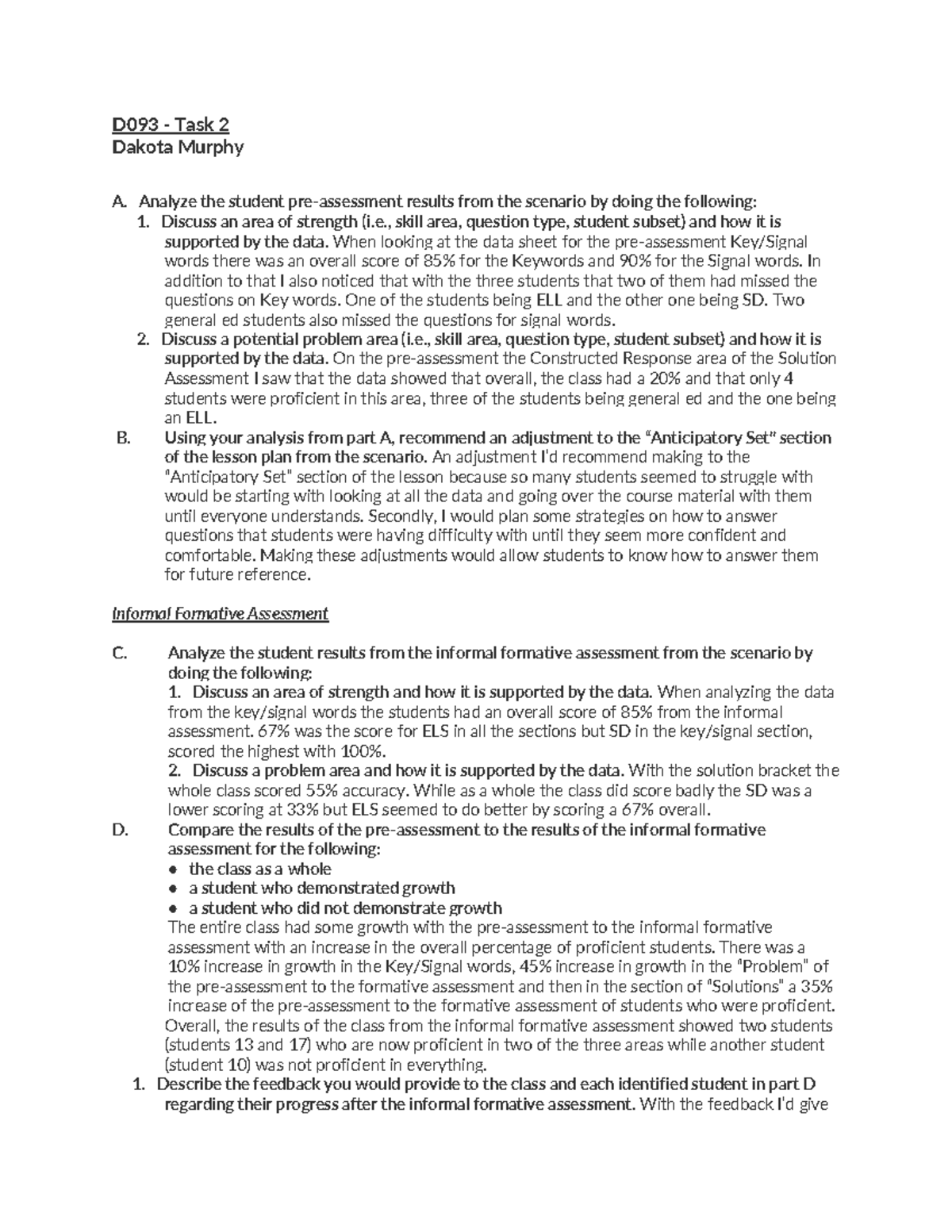 D093 - Task 2 Analysis and Recommendations on Student Assessments - Studocu