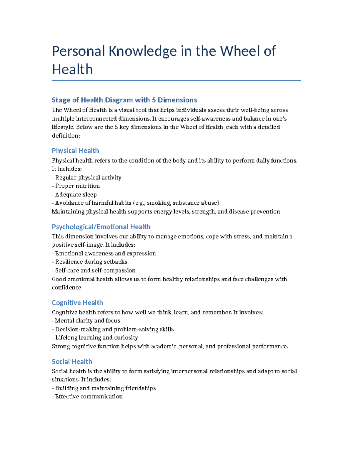 Wheel of Health: Exploring 5 Key Dimensions of Well-Being - Studocu
