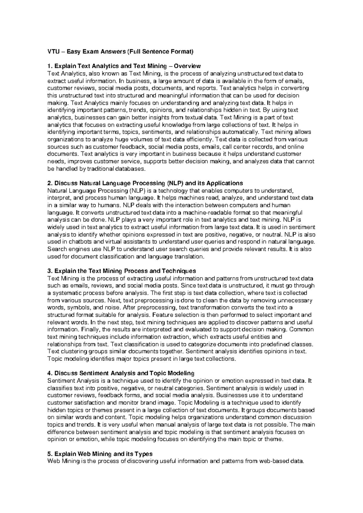 VTU Easy Exam Answers: Text Analytics & NLP Overview - Studocu