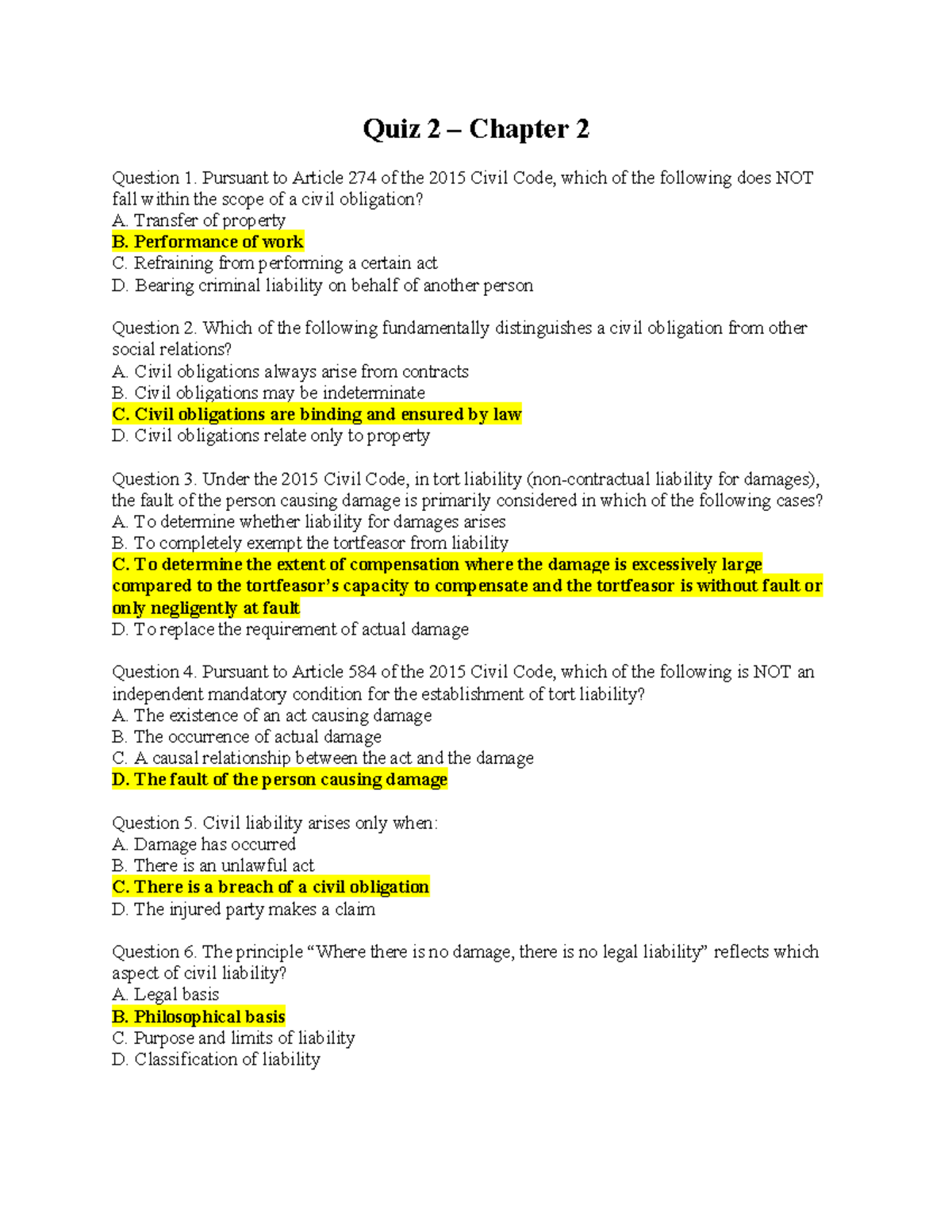 Quiz 2: Chapter 2 Questions on Civil Obligations and Liability - Studocu