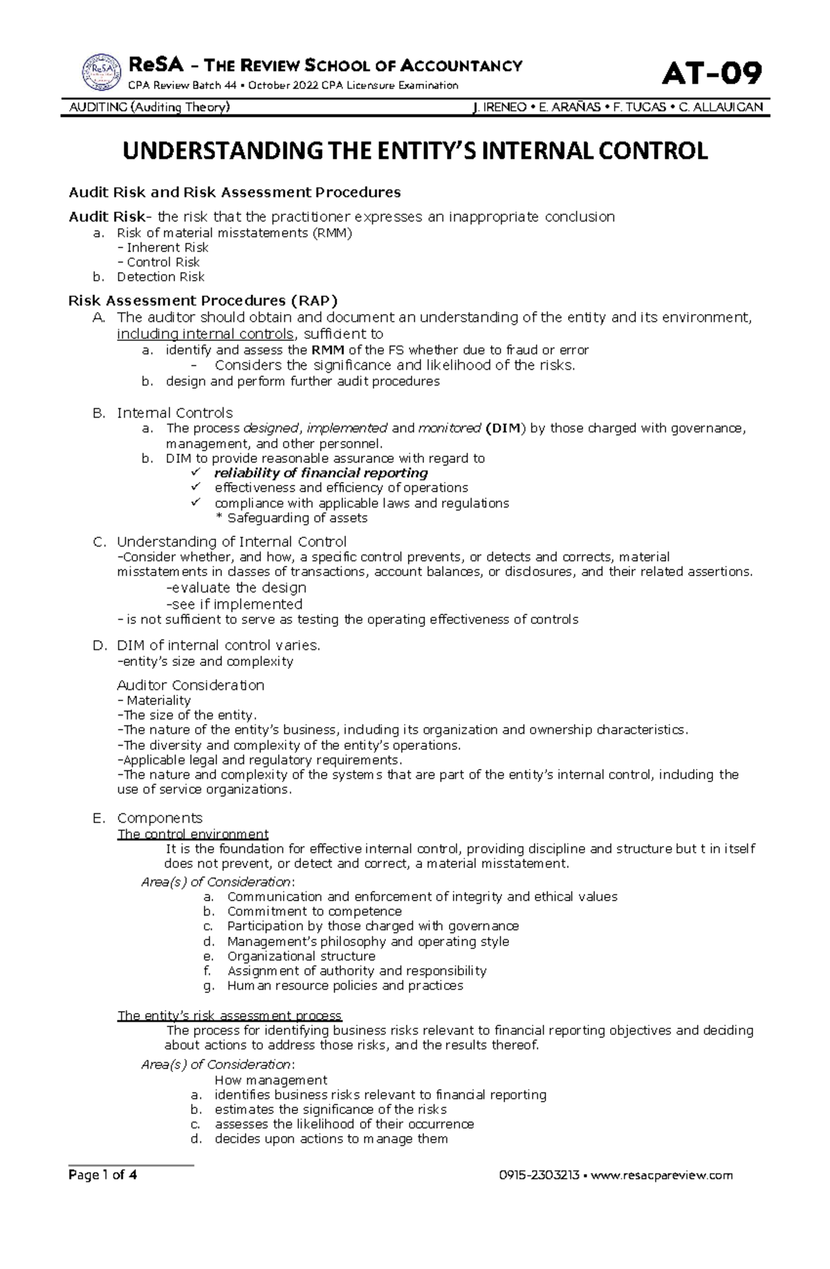 ReSA CPA Review Batch 44: Understanding Internal Control for Auditing ...