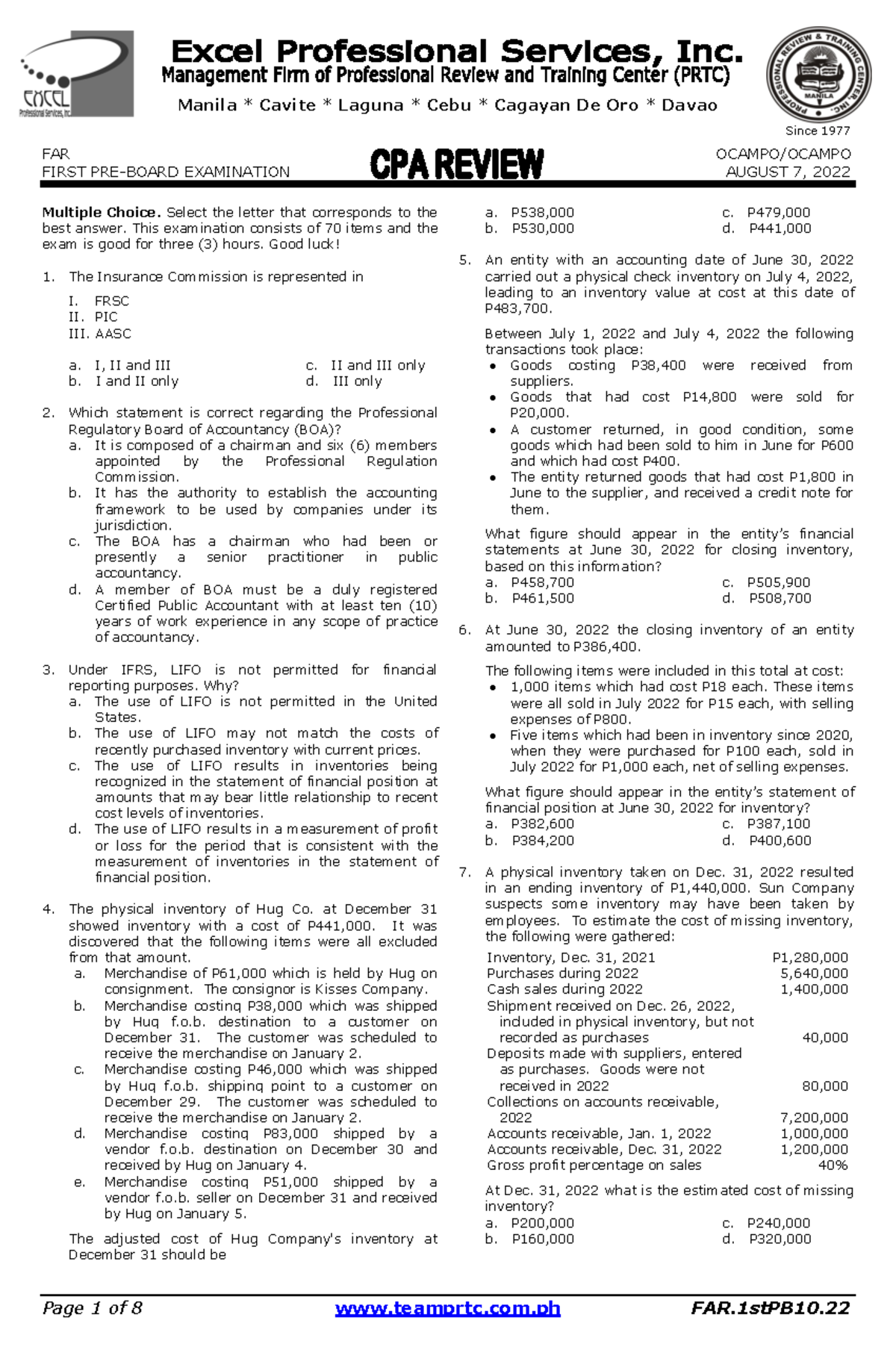 Team PRTC 1st PB Oct 2022 - FAR Q - Manila * Cavite * Laguna * Cebu ...