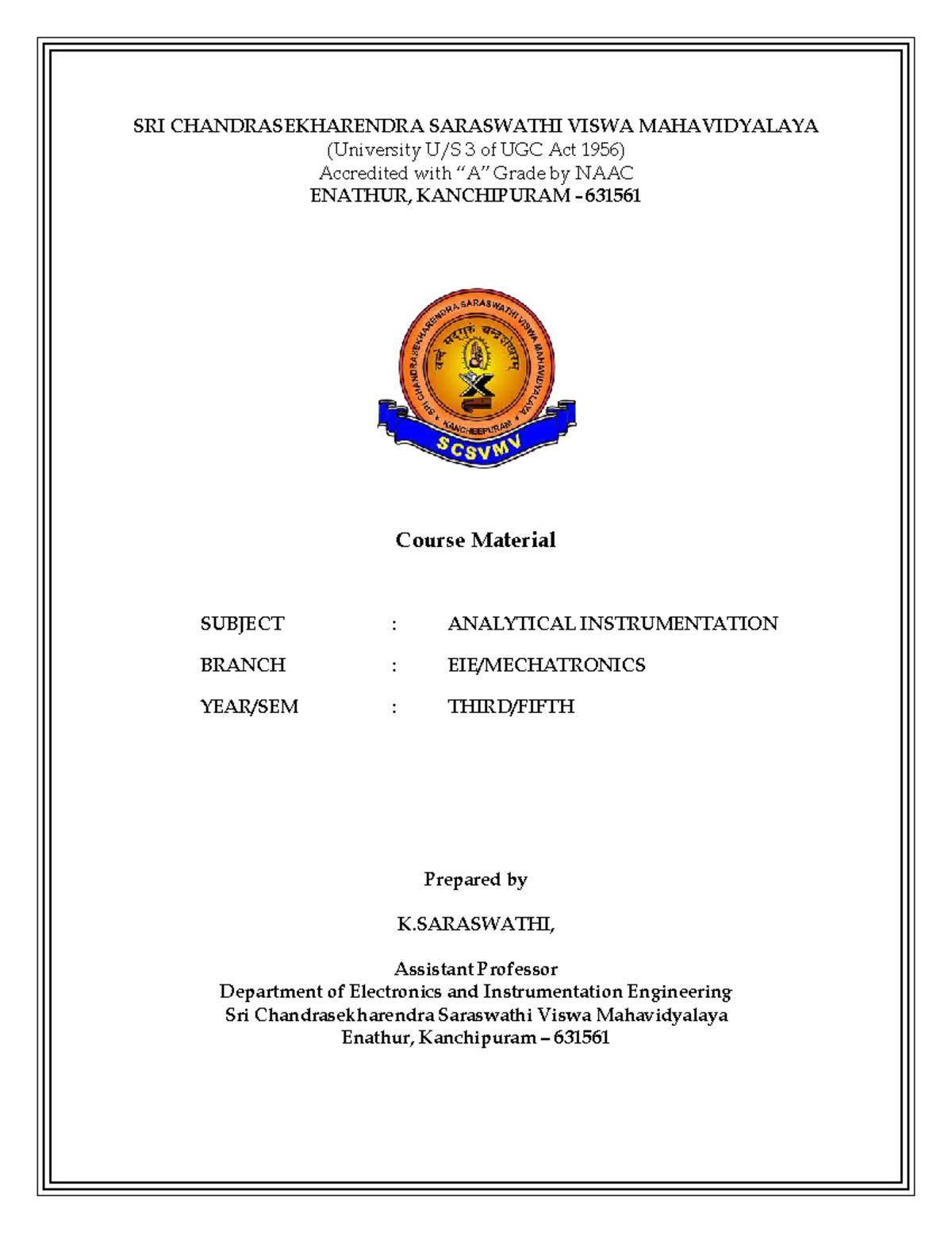 Analytical Instrumentation Course Material - BMTF185T20 - Studocu