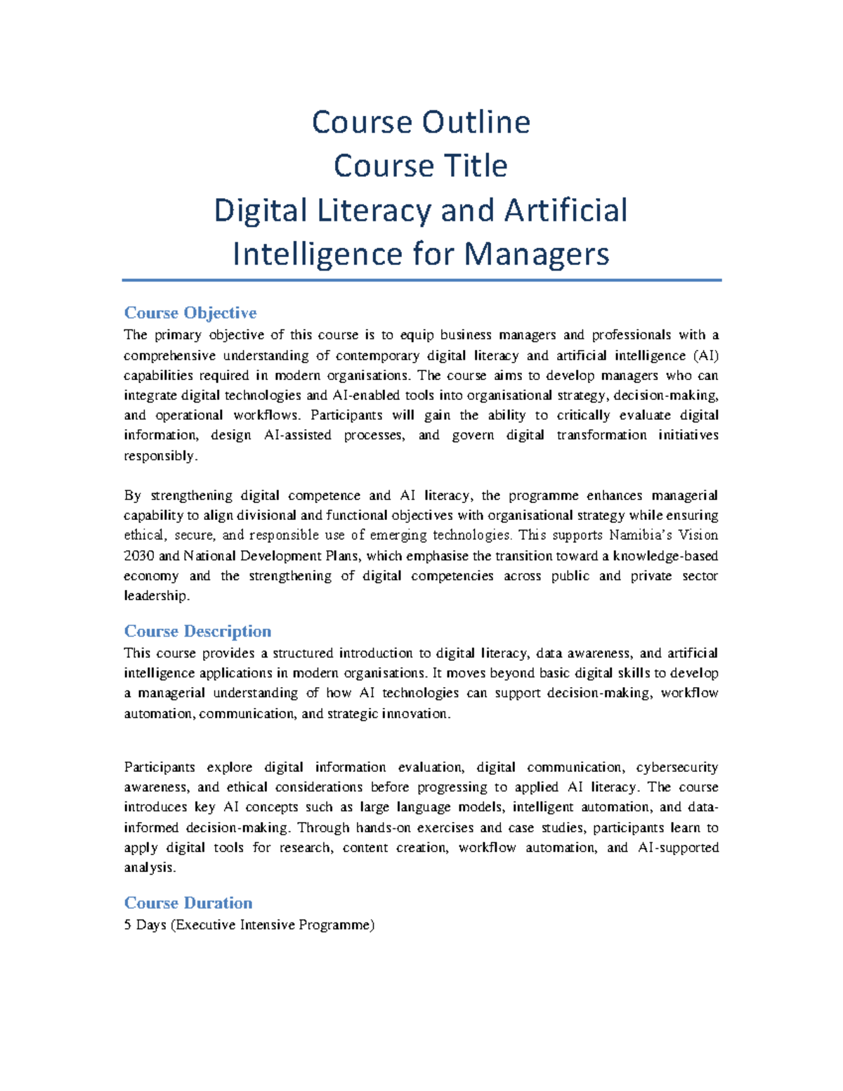 Course Outline: Digital Literacy and AI for Managers - Studocu