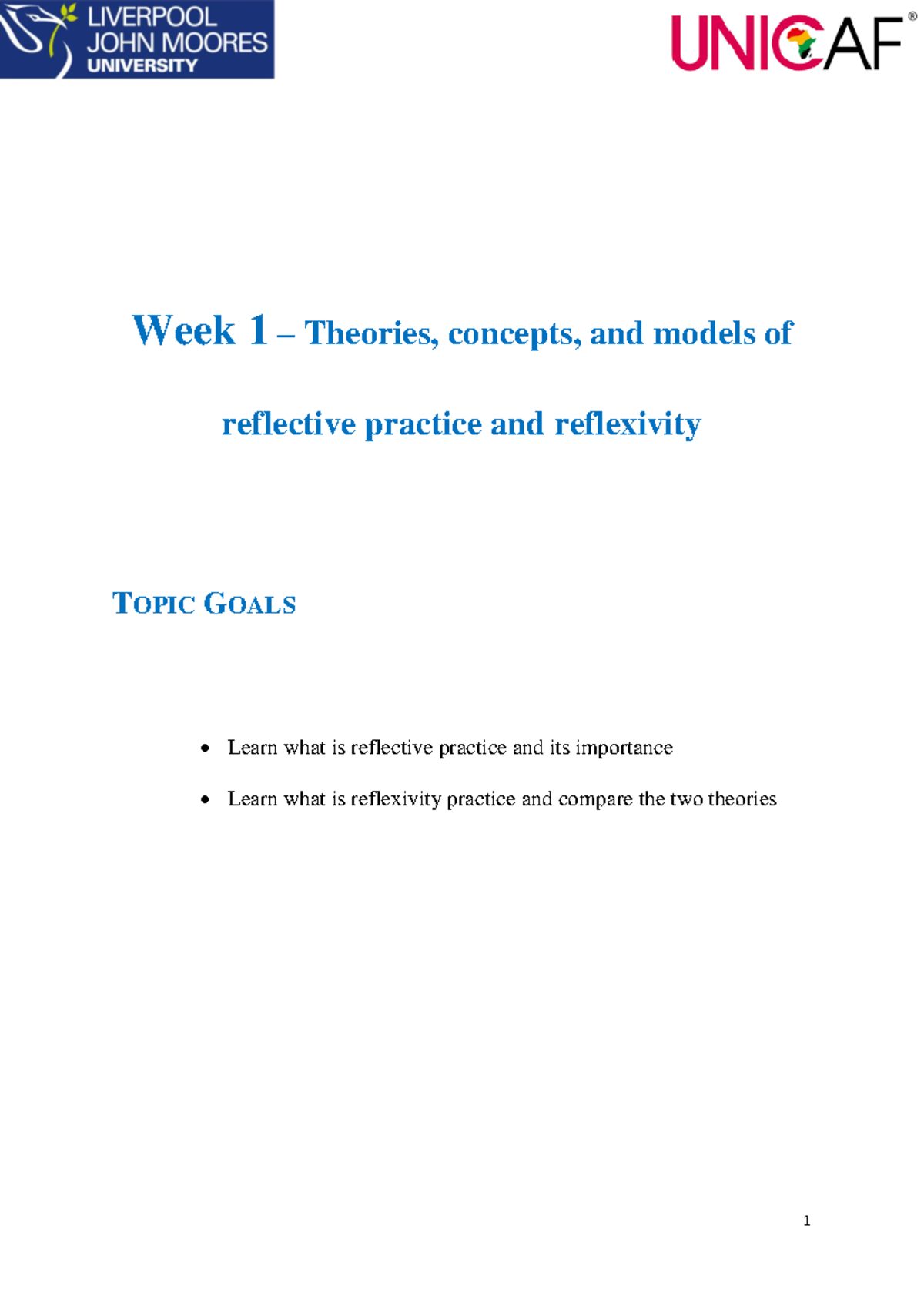 Week 1 - Reflective Practice and Reflexivity: Theories & Concepts - Studocu