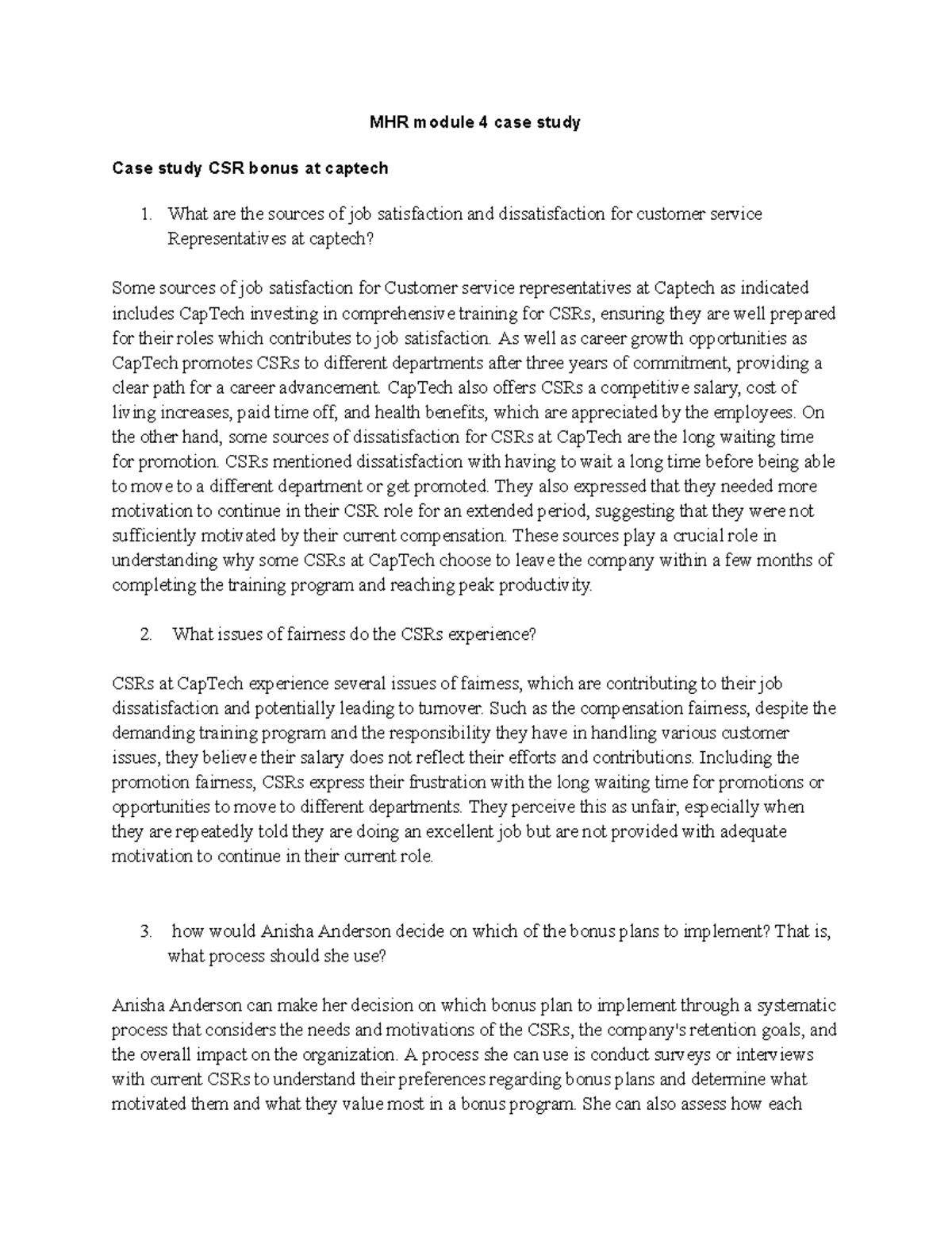 MHR Module 4 Case Study: CSR Job Satisfaction & Bonus Plans Analysis ...