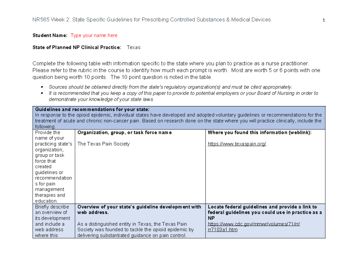 NR565 Week 2 worksheet - Student Name: Type your name here State of ...