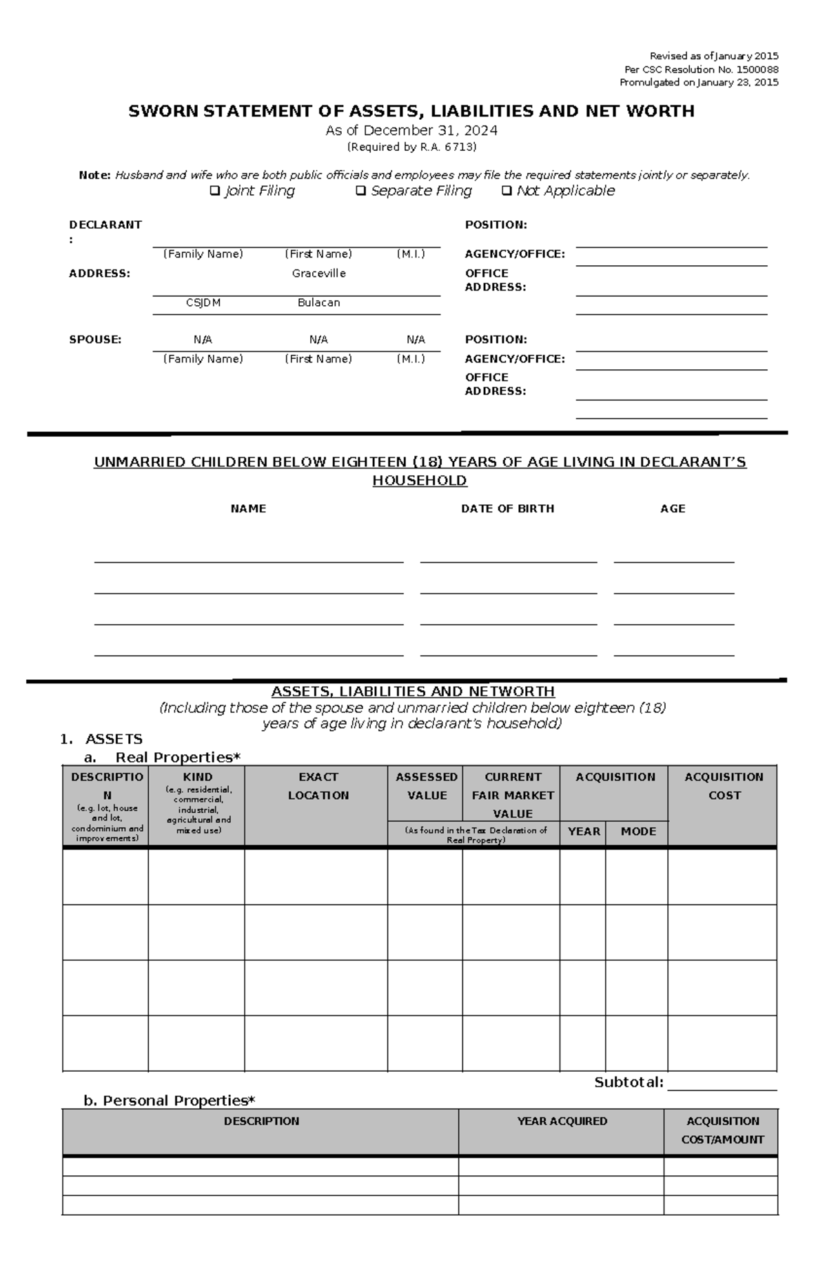 SK SALN 2024 Template - Sworn Statement of Assets & Liabilities - Studocu