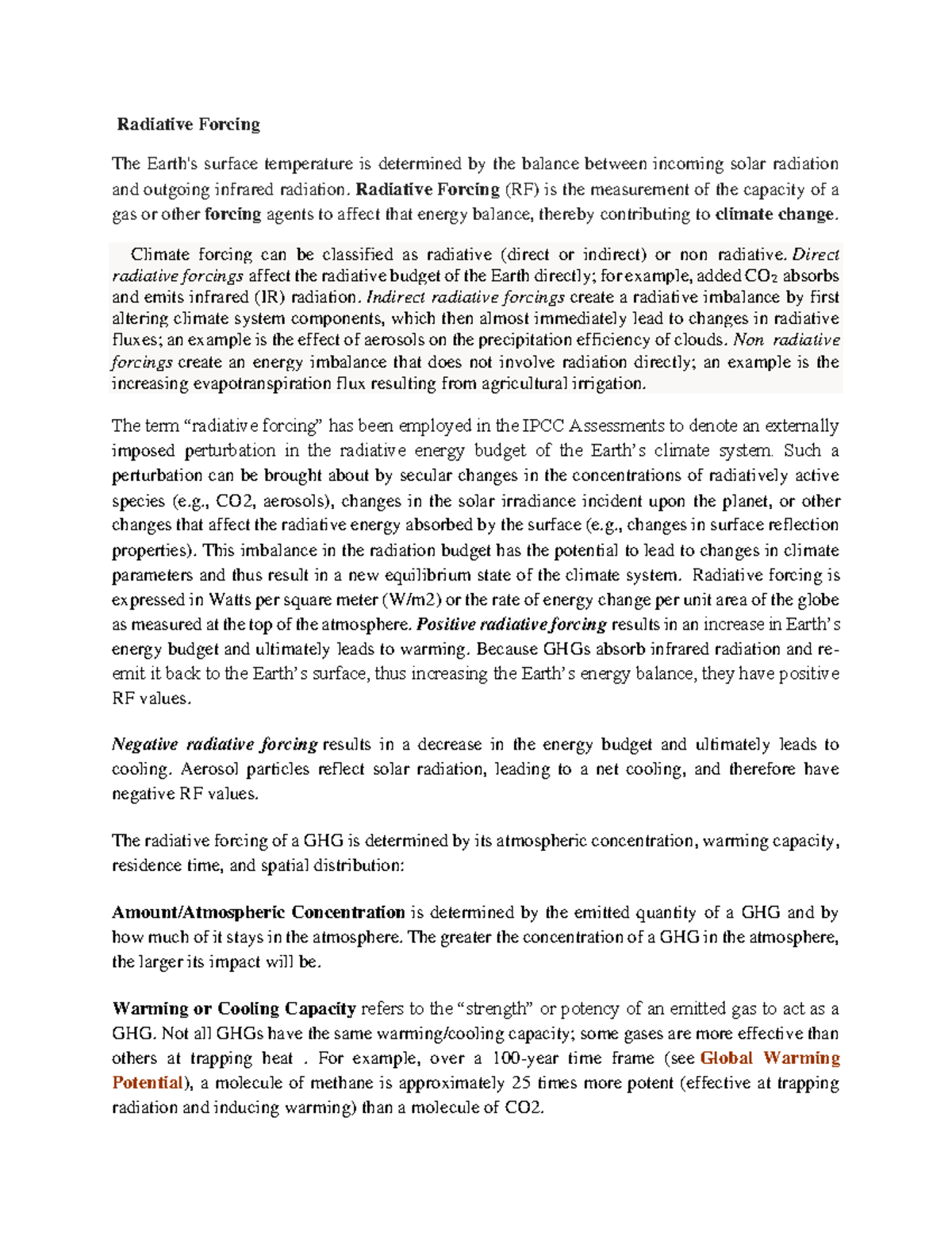 Radiative Forcing - Summary Environmental Studies - Radiative Forcing ...