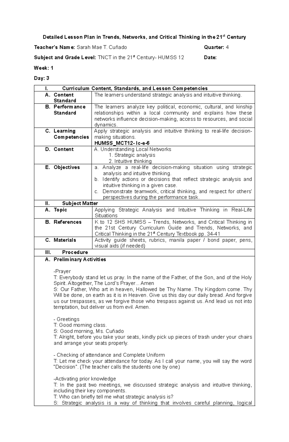 Detailed Lesson Plan: Strategic Analysis & Intuitive Thinking (HUMSS 12 ...