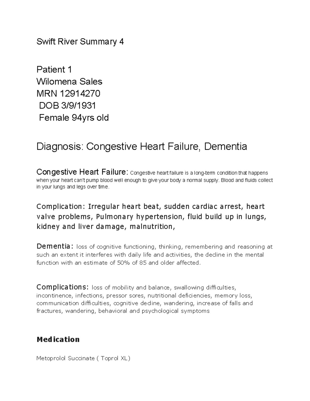 Wilomena Sales - Summary of Medical Case Study (MRN 12914270) - Studocu