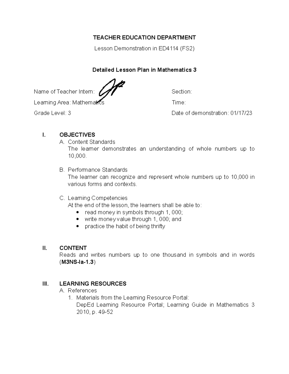 Detailed Lesson Plan: Mathematics 3 (ED4114-FS2) - Studocu
