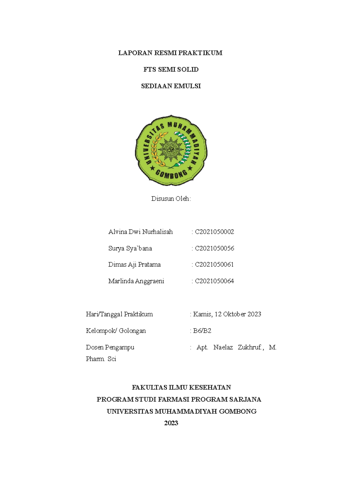 Laporan Praktikum FTS - Pembuatan dan Evaluasi Sediaan Emulsi - Studocu
