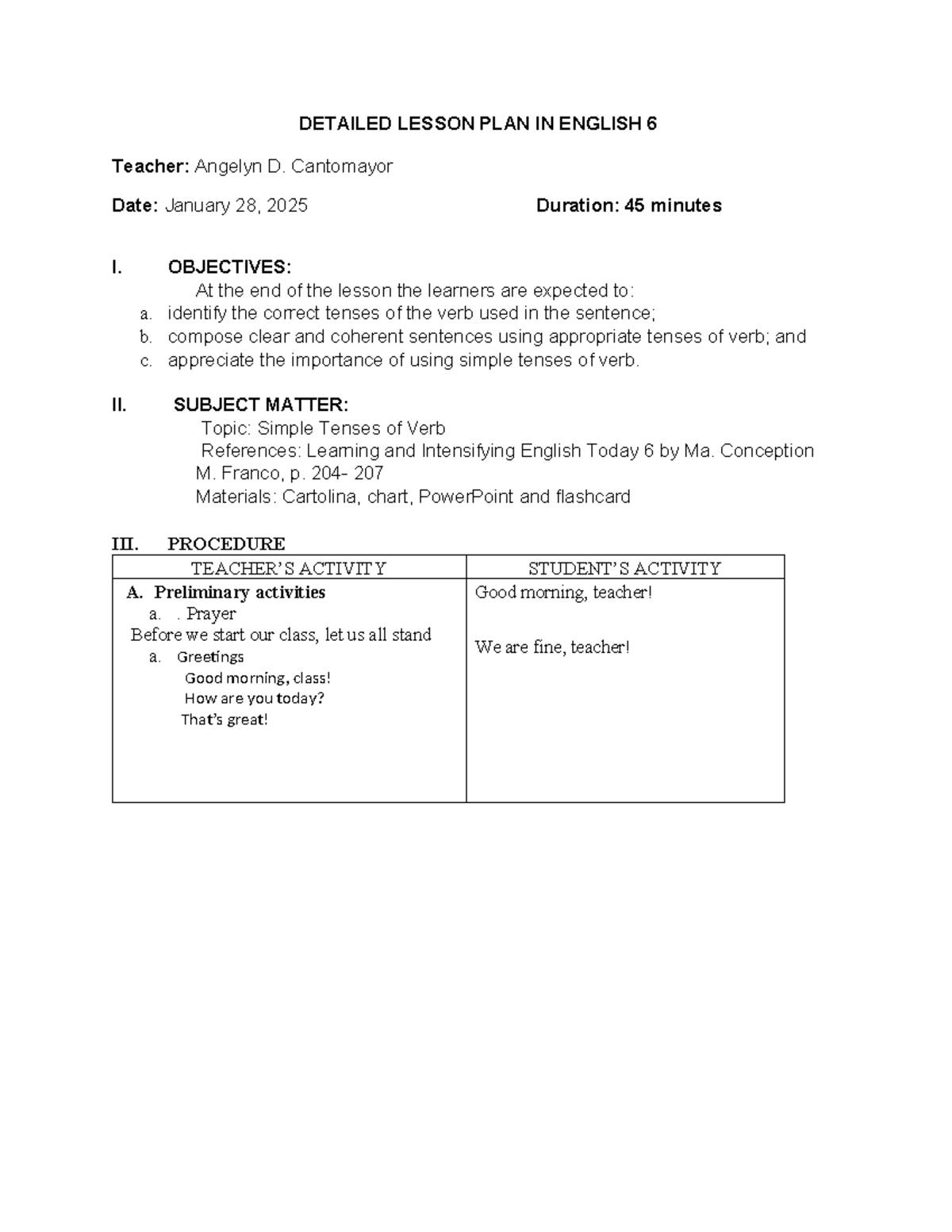 Detailed Lesson Plan for English 6: Simple Tenses of Verbs - Studocu