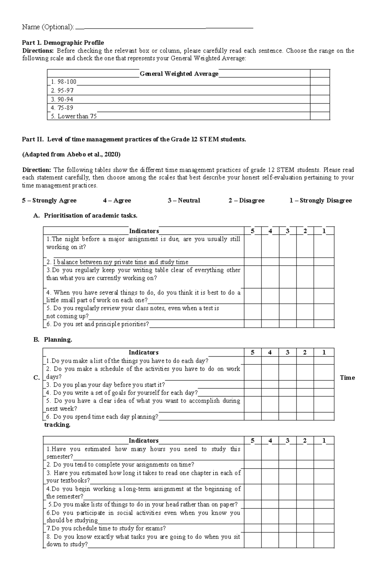 Grade 12 STEM Time Management Practices Survey (Part 1) - Studocu