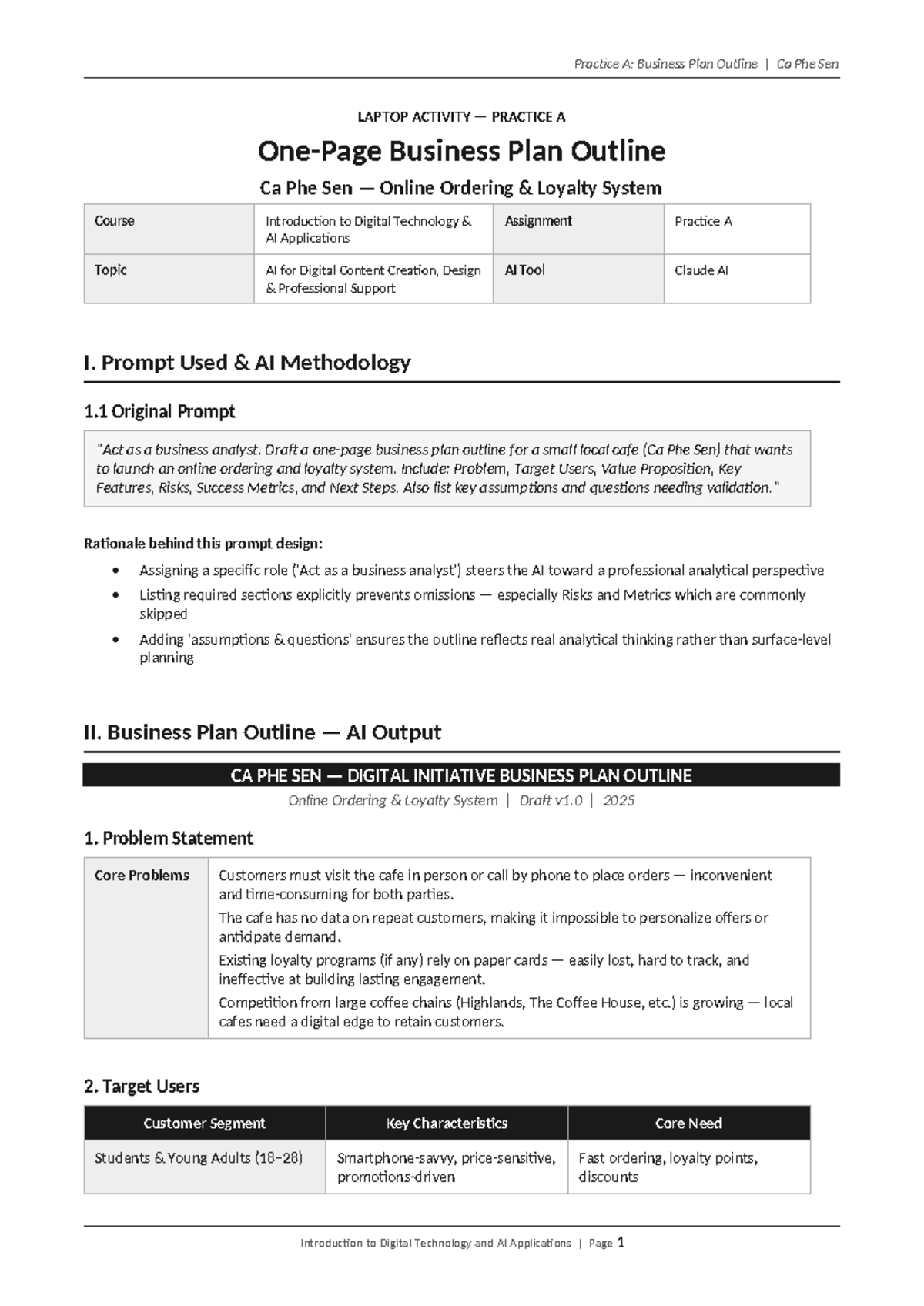 Practice A: Business Plan Outline for Ca Phe Sen - Online Ordering ...