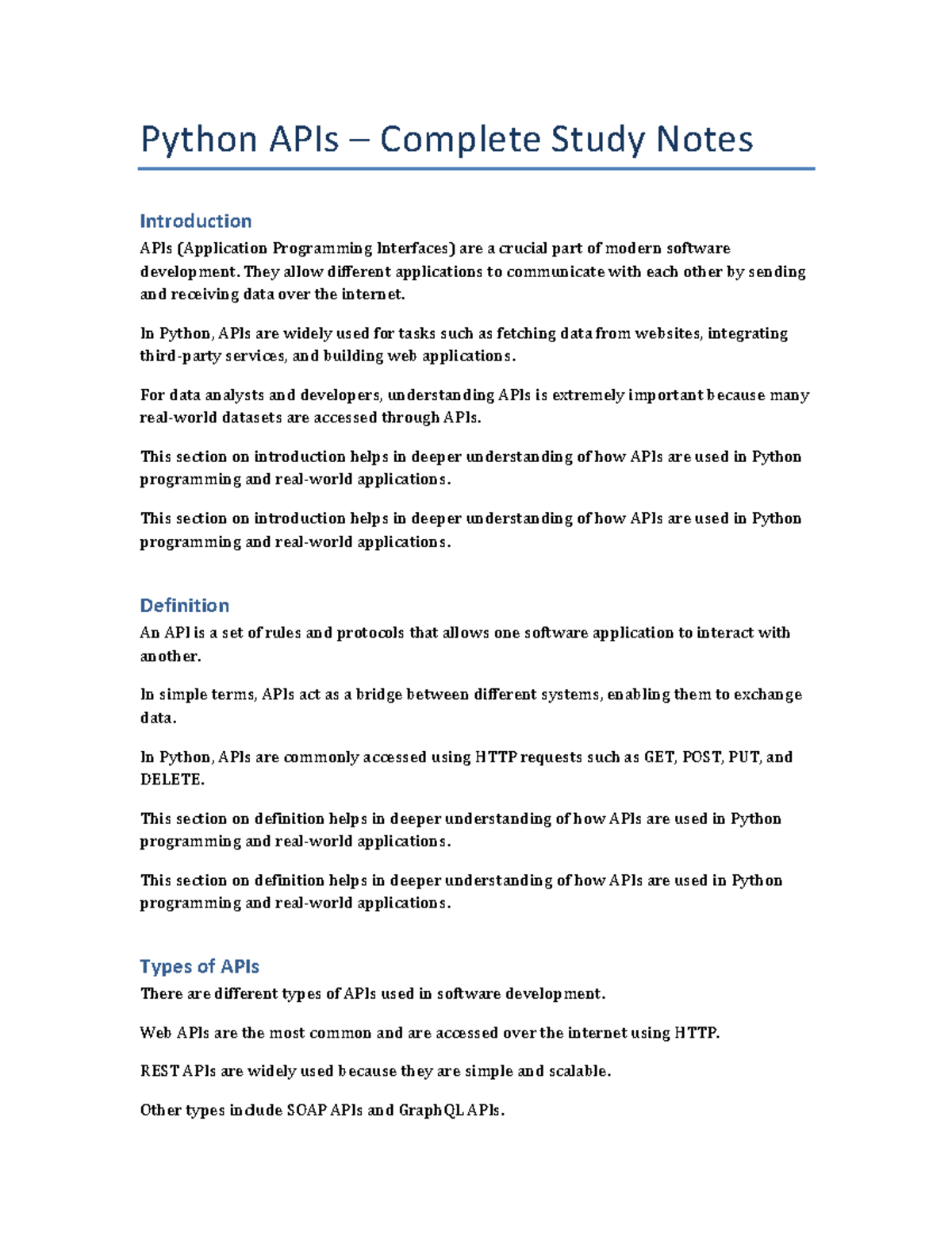 Python APIs for Data Analysis – Comprehensive Study Notes - Studocu