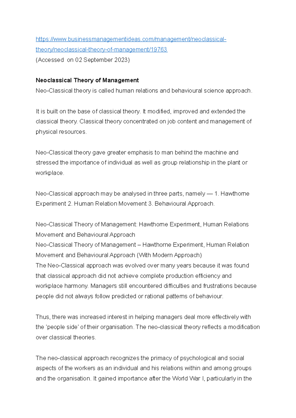 Neoclassical Theory of Management: Insights from Hawthorne Studies ...