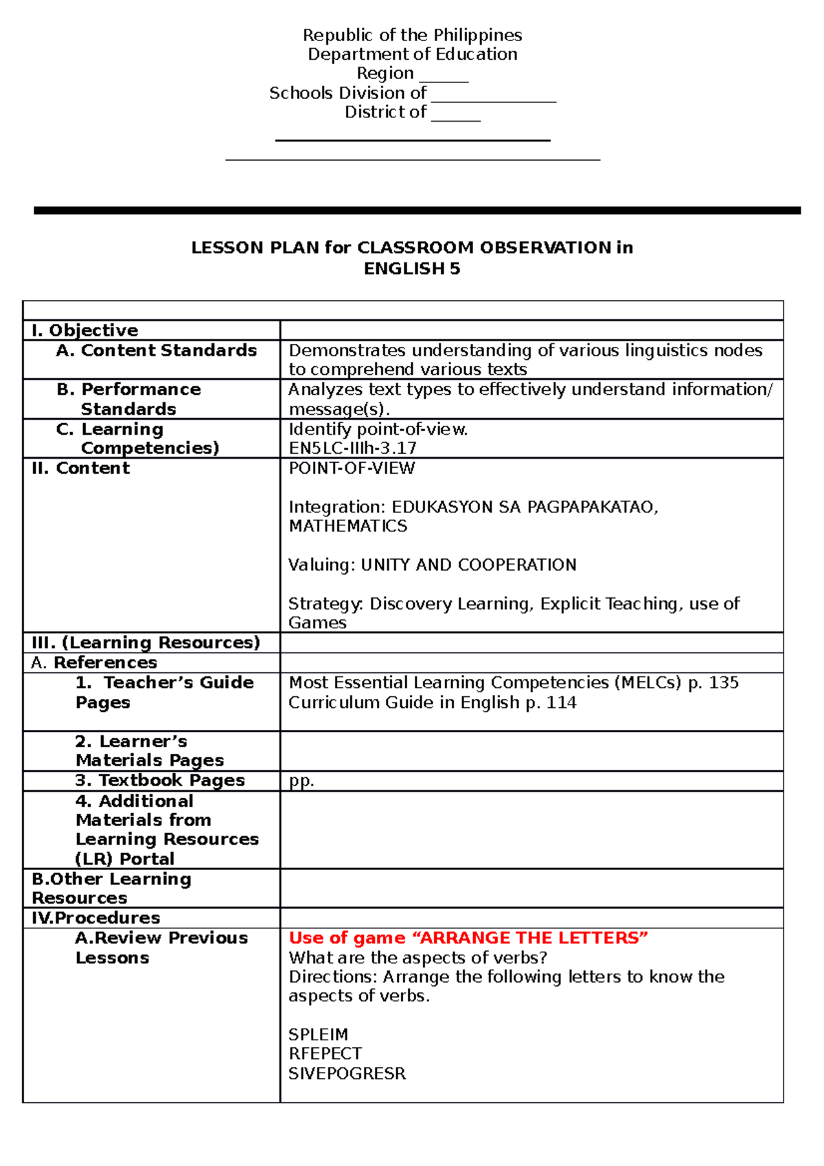 CO Lesson Plan: English 5 Quarter 2 - Exploring Point of View - Studocu