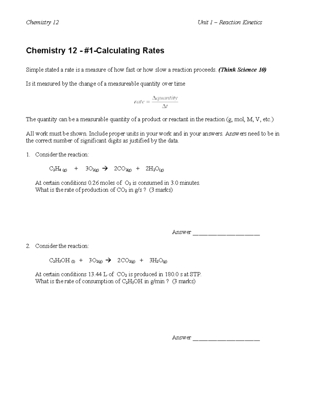 Chemistry 12 Unit 1: Reaction Kinetics & Rate Calculations - Studocu